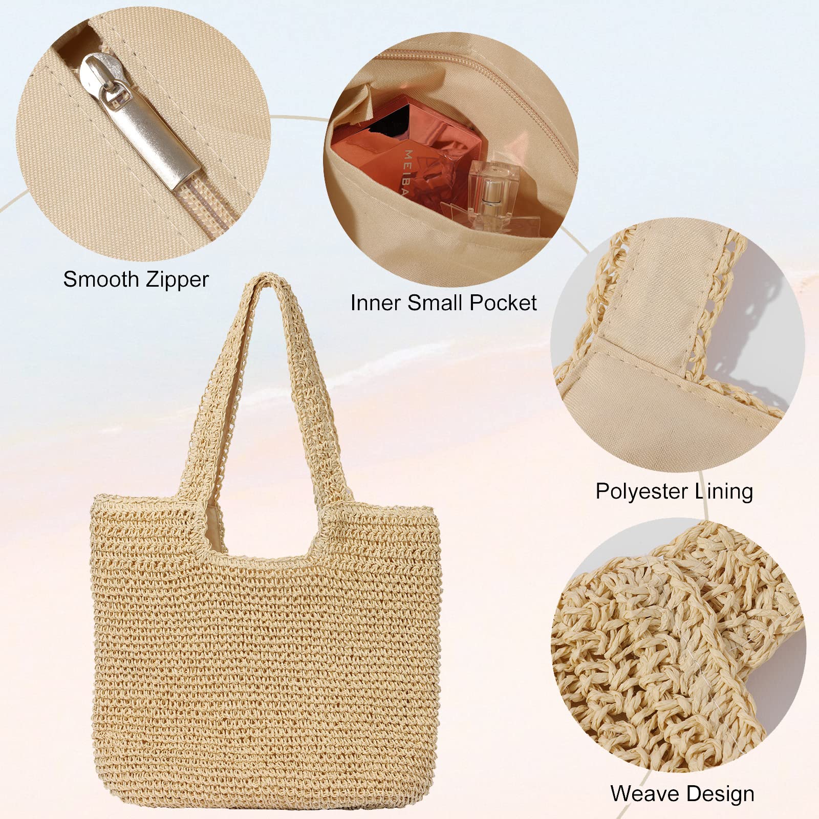 GOLDTIMO Beach Bags for Women - Summer Soft Large Woven Shoulder Purse Handbag, Beach Tote Straw Bag for Summer Vacation, Beige