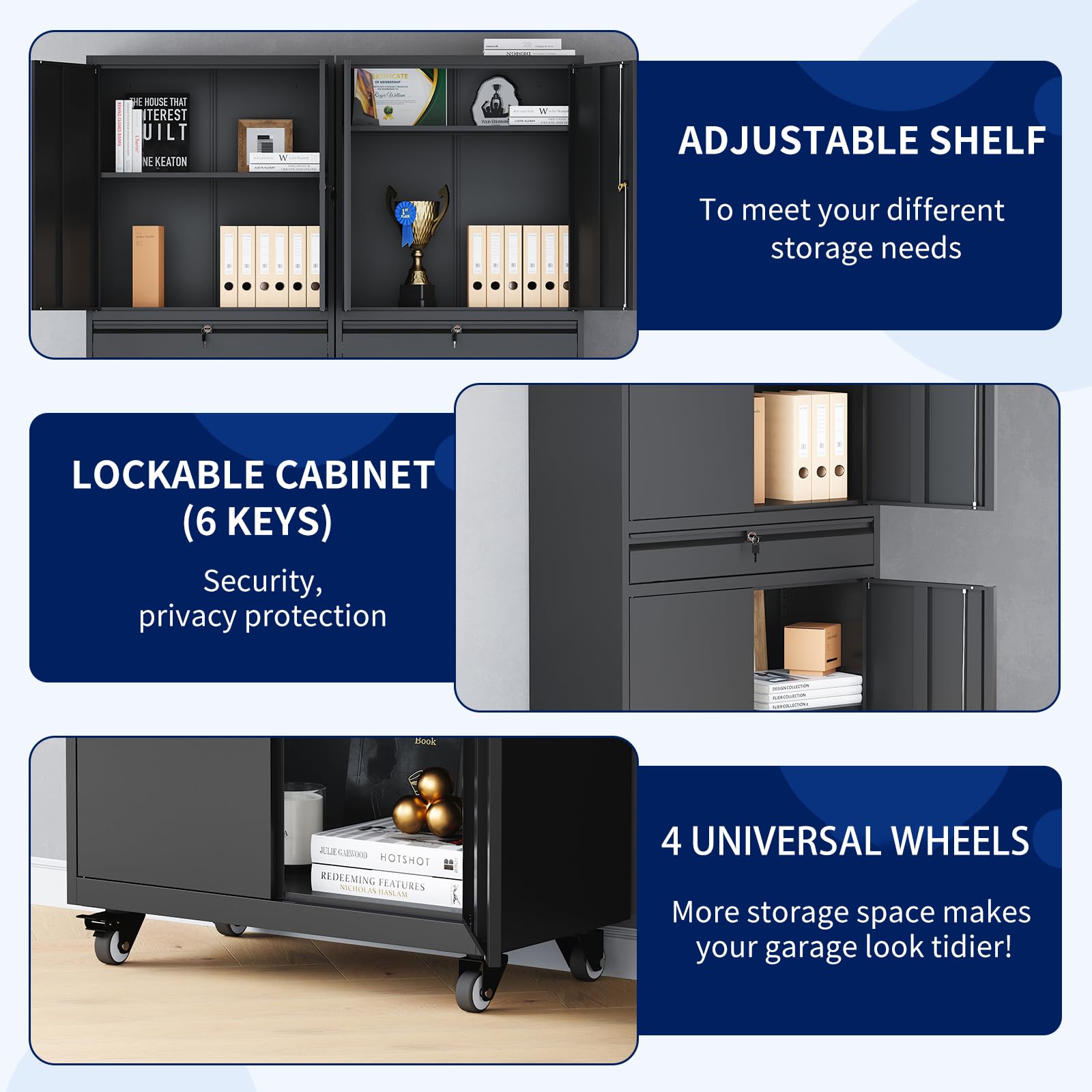 Yizosh Metal Garage Storage Cabinet with Locking Doors and Adjustable Shelves, Rolling Tool Storage Cabinet with 4 Wheels and 1 Drawer - 73" Steel Locking Cabinet for Garage, Warehouse (Black)