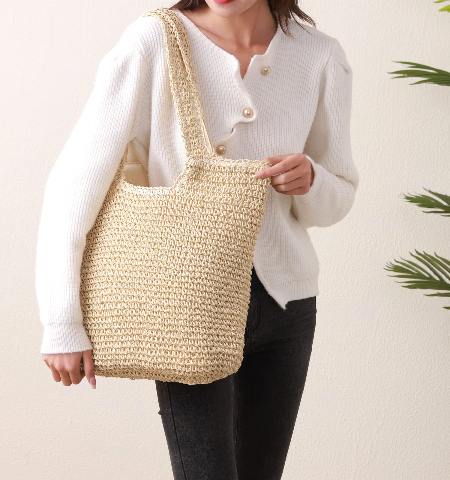 GOLDTIMO Beach Bags for Women - Summer Soft Large Woven Shoulder Purse Handbag, Beach Tote Straw Bag for Summer Vacation, Beige