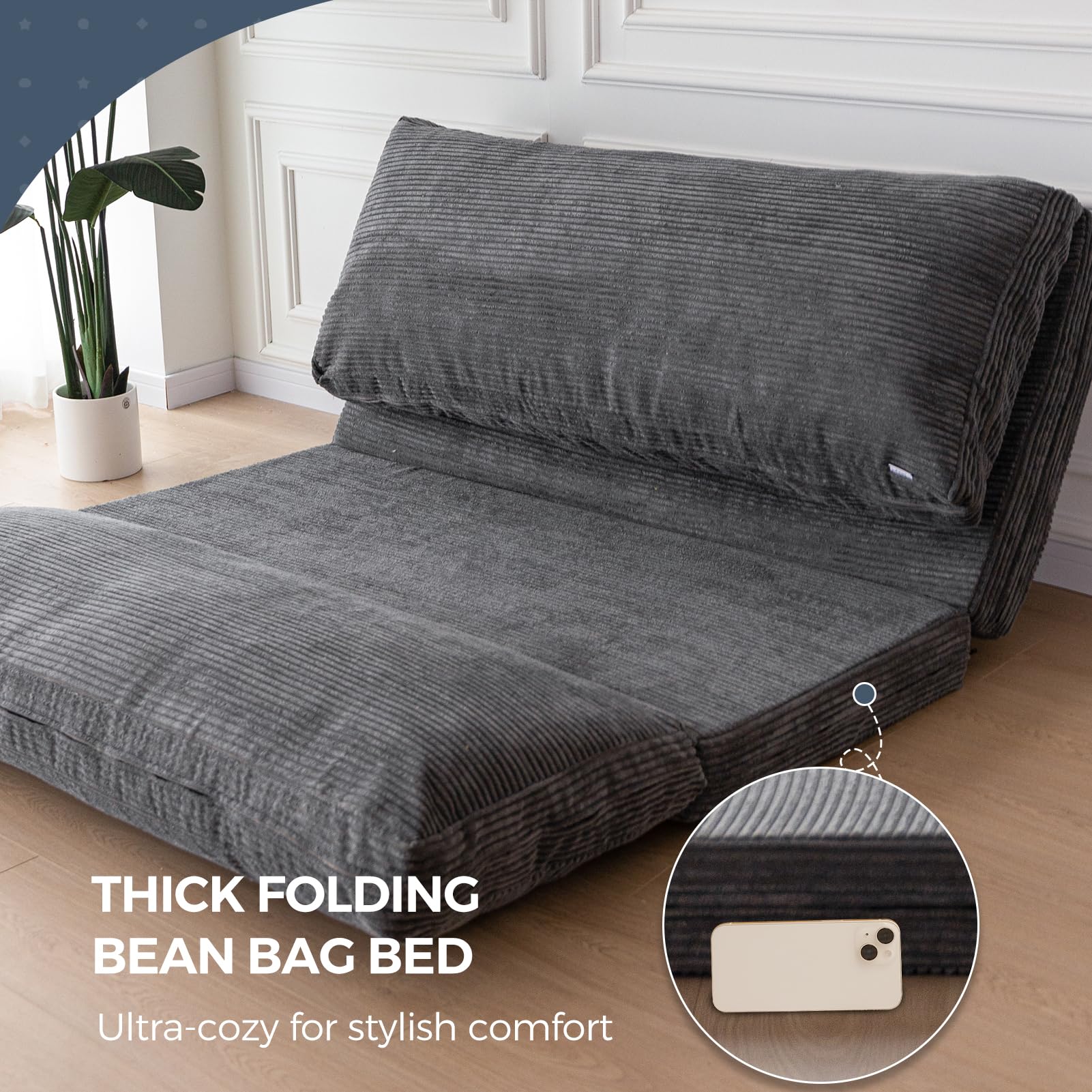 MAXYOYO Bean Bag Bed Folding Sofa Bed Floor Mattress for Adults, Extra Thick and Long Floor Sofa with Corded Washable Cover, Dark Grey, 30x95 Inch