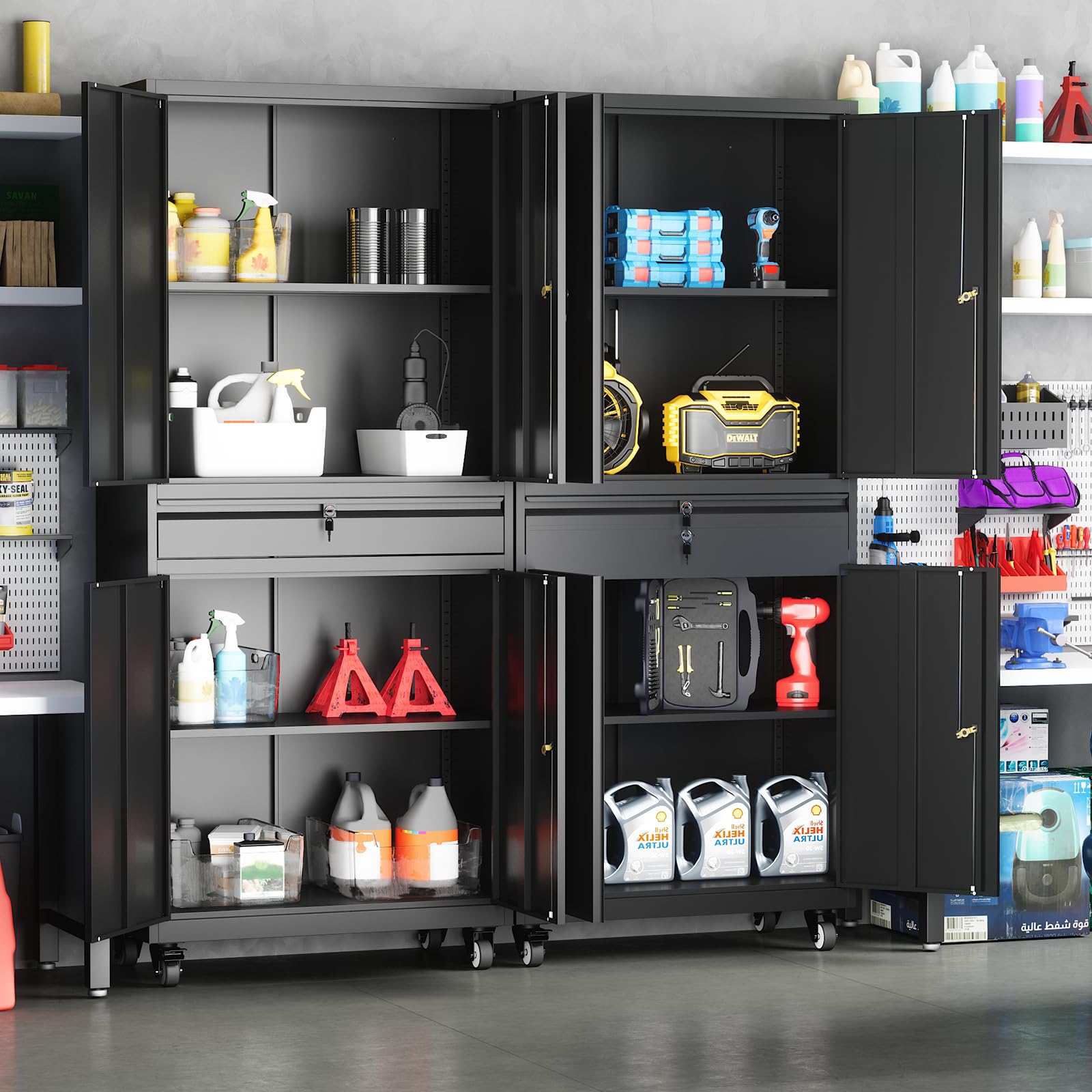 Yizosh Metal Garage Storage Cabinet with Locking Doors and Adjustable Shelves, Rolling Tool Storage Cabinet with 4 Wheels and 1 Drawer - 73" Steel Locking Cabinet for Garage, Warehouse (Black)