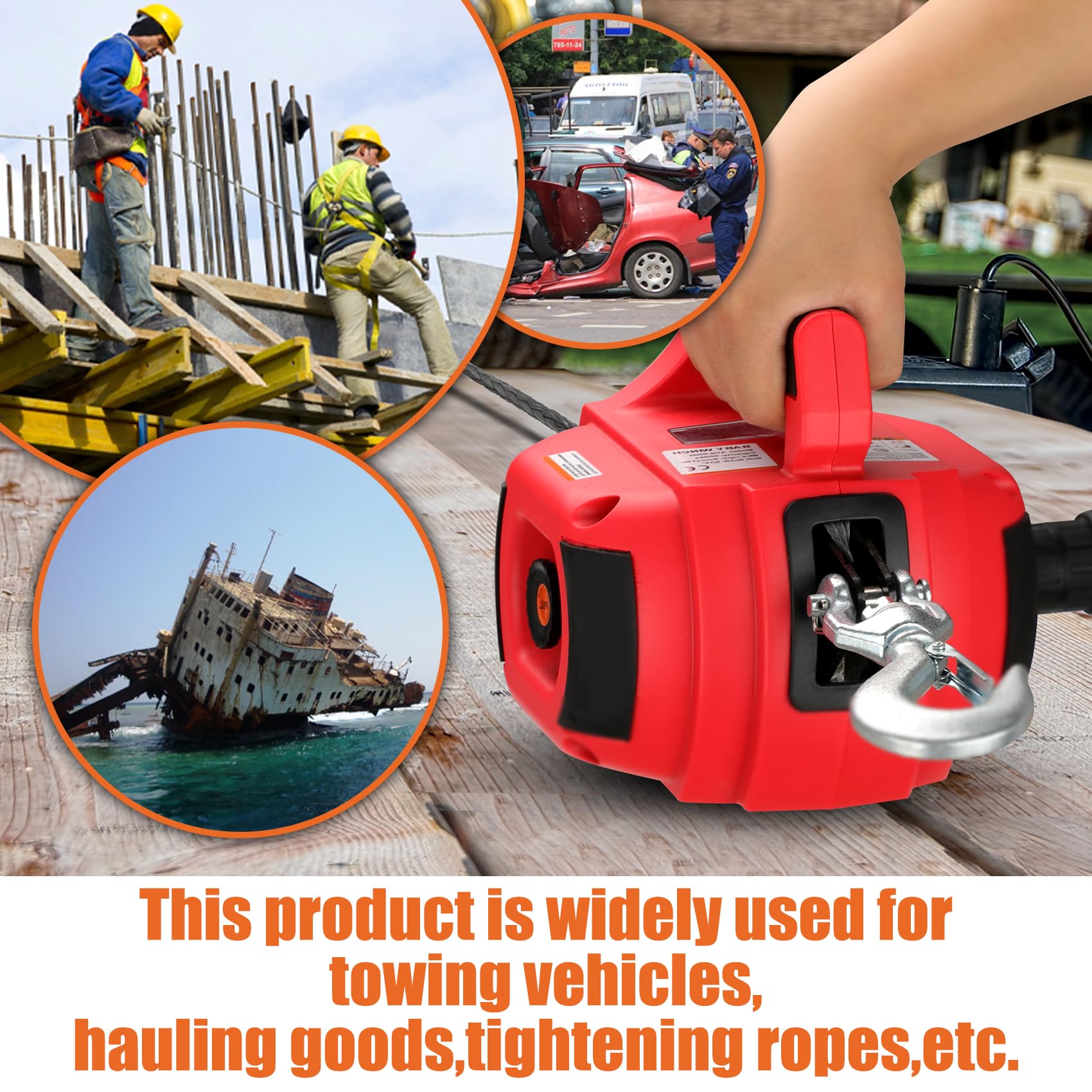 Lonsge Portable Drill Winch of 1000 Lbs, Red Handheld Drill Winch with 40 Foot Synthetic Rope, Rotate The Hook 360 Degrees, for Lifting & Dragging(Red)
