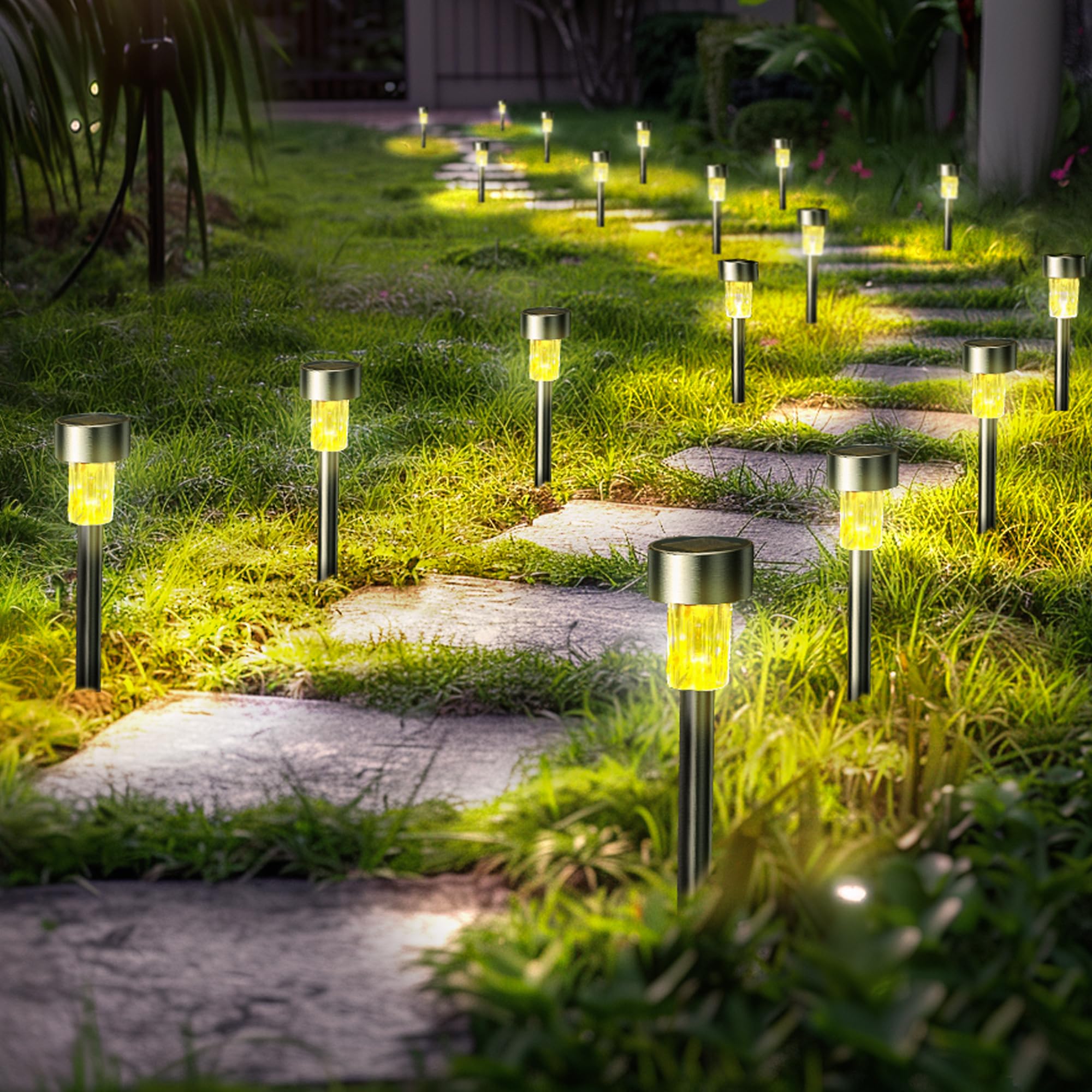 GIGALUMI 24 Pack Solar Path Lights Outdoor,Solar Lights Outdoor Waterproof,Stainless Steel LED Landscape Lighting,Solar Garden Lights for Driveway,Pathway,Patio,Yard