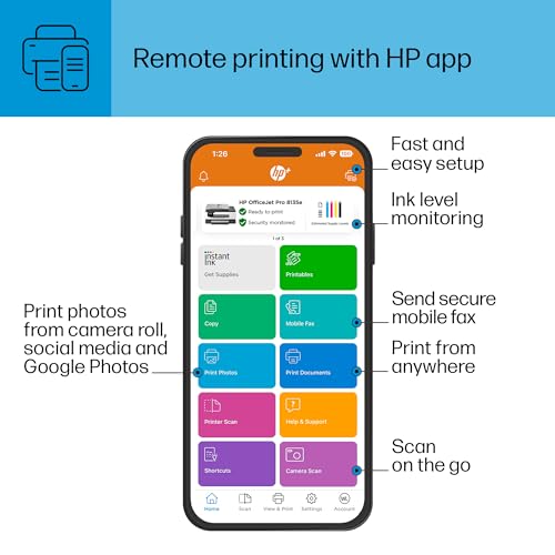 HP OfficeJet Pro 8135e Wireless All-in-One Color Inkjet Printer, Print, Scan, Copy, Fax, ADF, Duplex Printing, Best-for-Home Office, 3 Months of Instant Ink included (40Q35A)