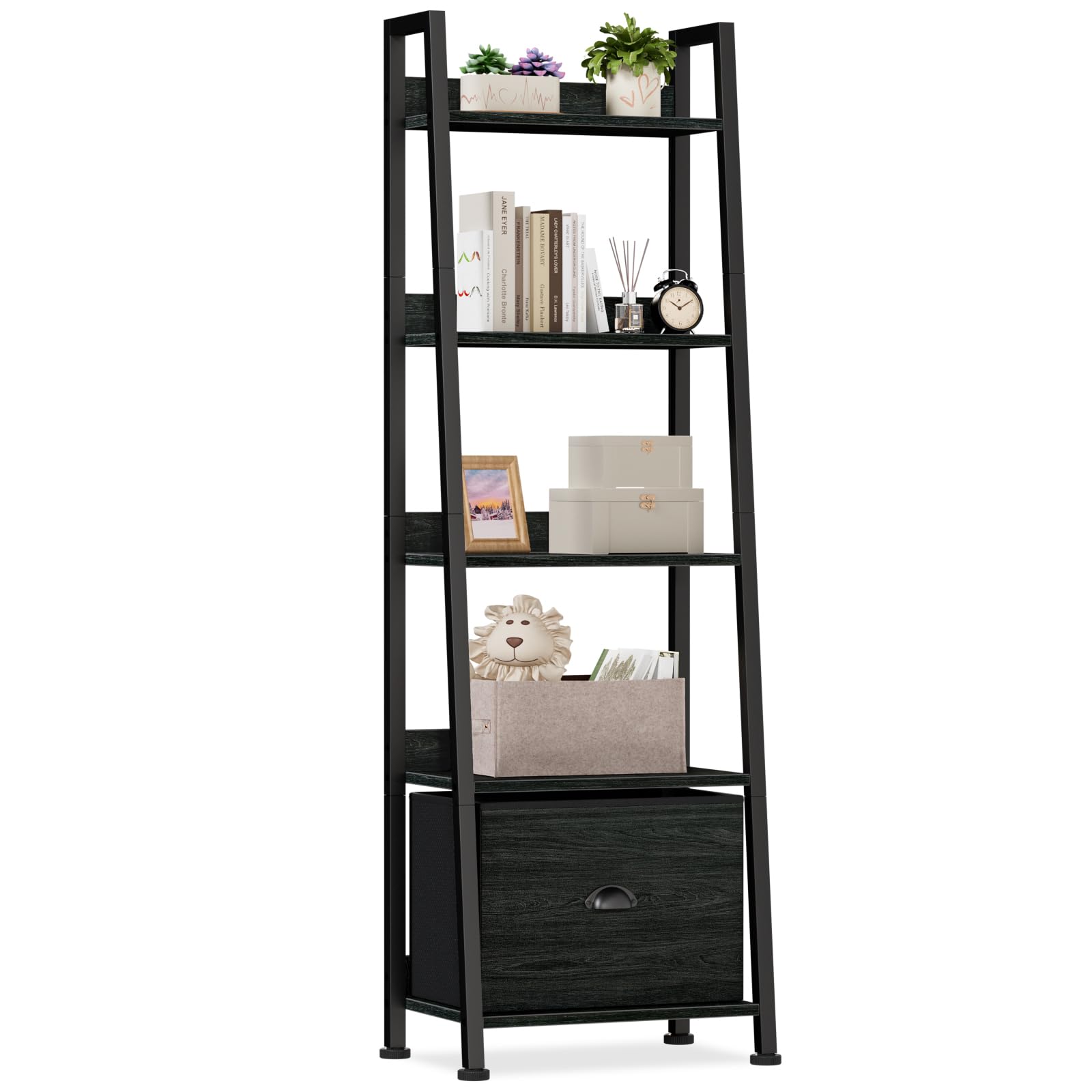 Furologee 5-Tier Ladder Shelf, Narrow Ladder Bookshelf with Drawer, 55.6”Tall Industrial Bookcase Storage Rack Organizer, Freestanding Storage Shelve for Living Room, Home Office, Bedroom, Black Oak