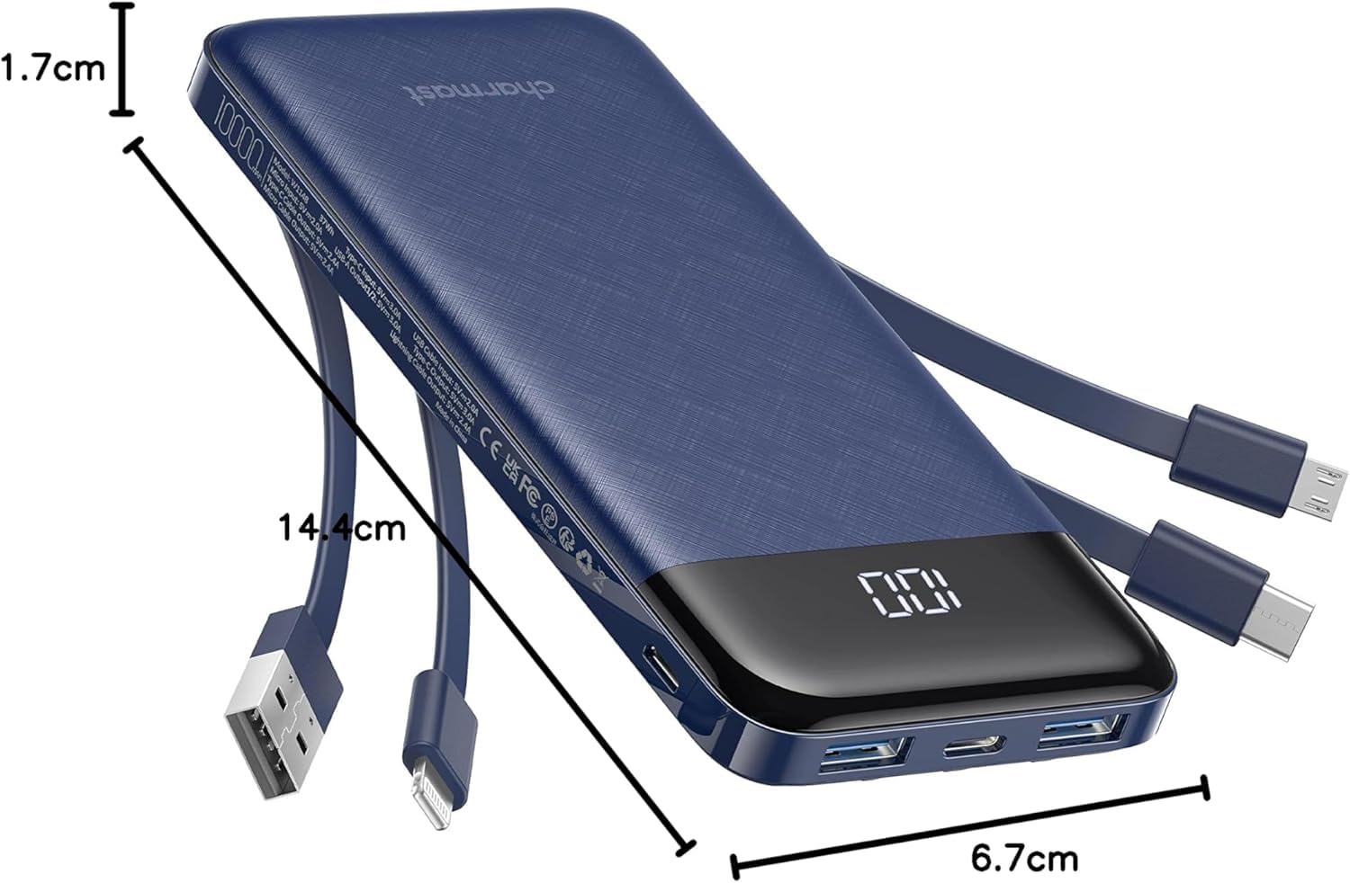 Portable Charger with Built in Cables, Portable Charger with Cords Wires Slim 10000mAh Travel Essentials Battery Pack 6 Outputs 3A High Speed Power Bank for iPhone Samsung Pixel LG Moto iPad