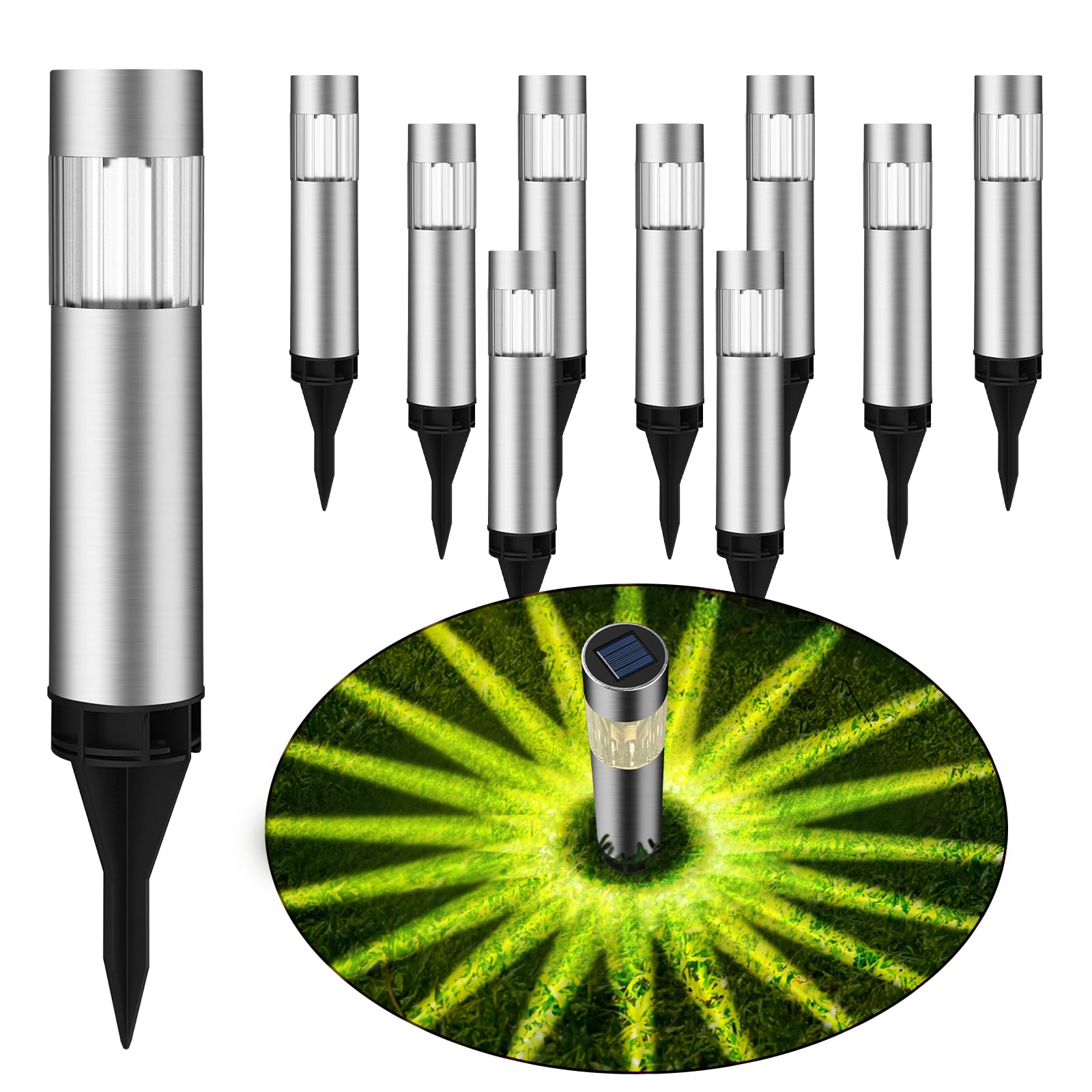 pearlstar Solar Outdoor Lights,10 Pack Waterproof Stainless Steel Solar Stake Lights,Solar Light Outside for Pathway,Path, Walkway, Driveway, Yard, Patio, Garden Decor(Warm White)