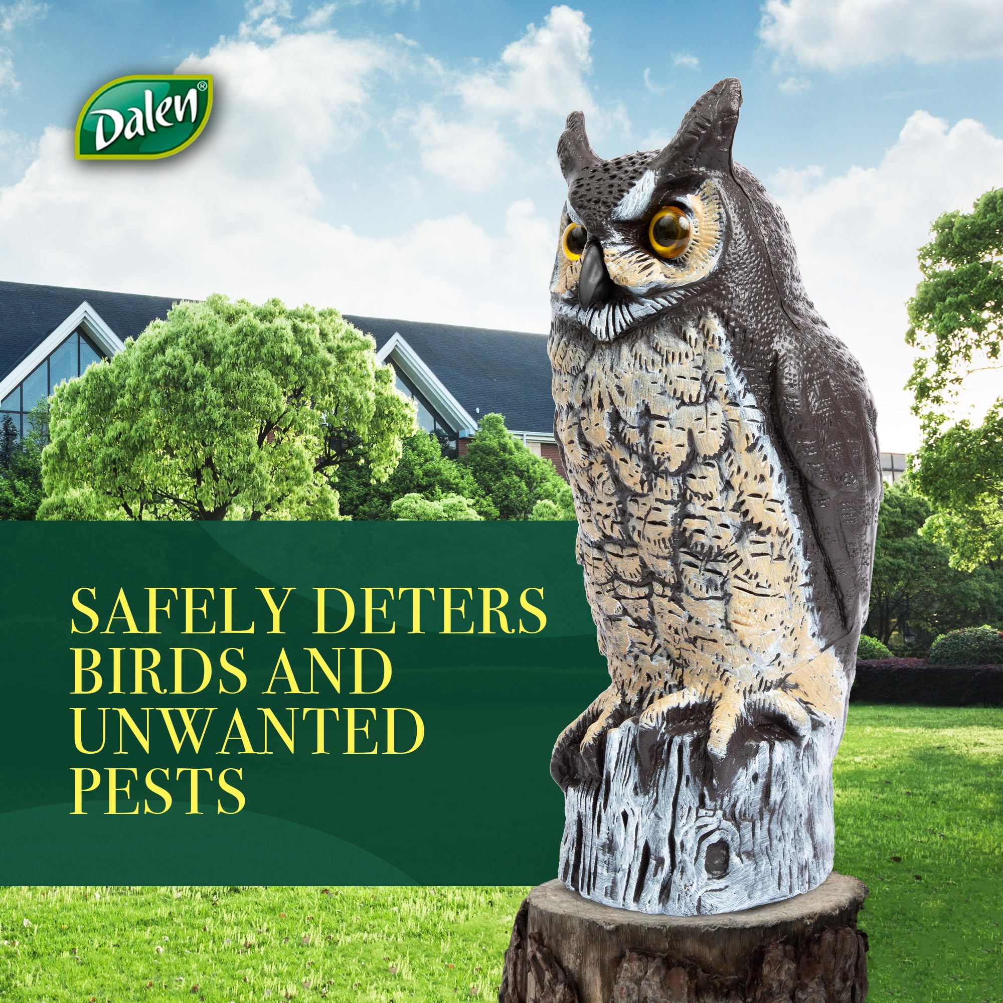 Dalen Large Fake Owl Decoy to Scare Birds Away - Garden Scarecrow Provides Natural Pest Control - 16" Tall - Great Horned Owl