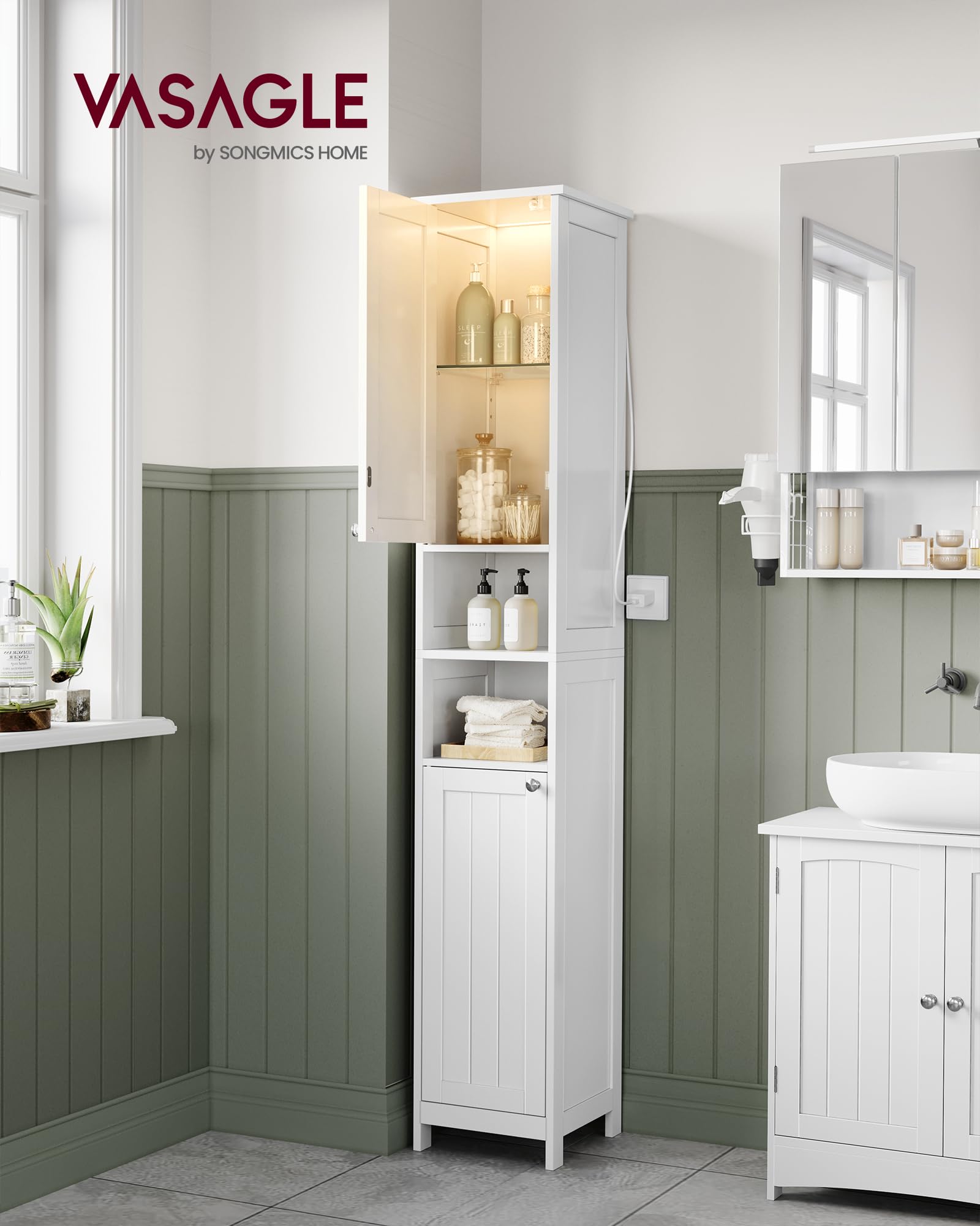 VASAGLE Tall Bathroom Cabinet with Lights, Slim Freestanding Bathroom Storage Cabinet with Adjustable Shelves, for Small Spaces, Modern, 11.8 Inches Wide, Cloud White UBBC566W02