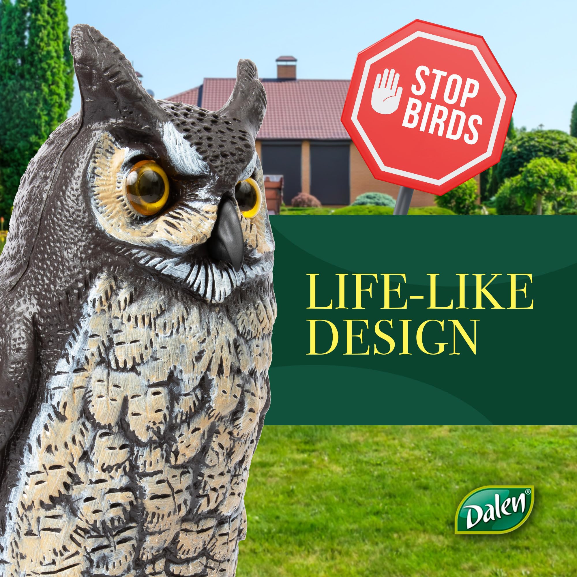 Dalen Large Fake Owl Decoy to Scare Birds Away - Garden Scarecrow Provides Natural Pest Control - 16" Tall - Great Horned Owl