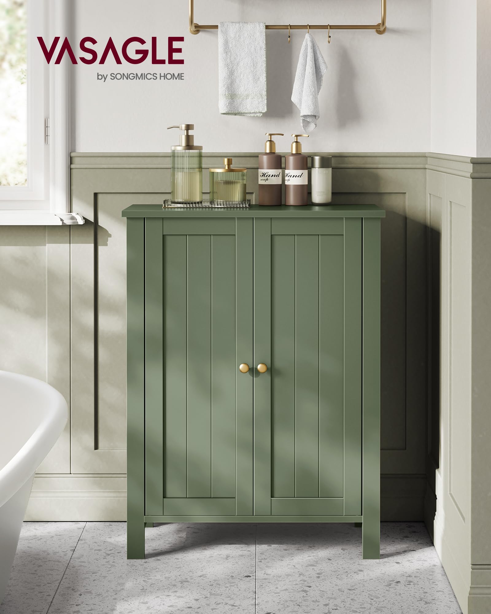 VASAGLE Bathroom Floor Storage Cabinet, Freestanding Bathroom Storage Unit with 2 Adjustable Shelves, 11.8 x 23.6 x 31.5 Inches, Forest Green UBCB060C01
