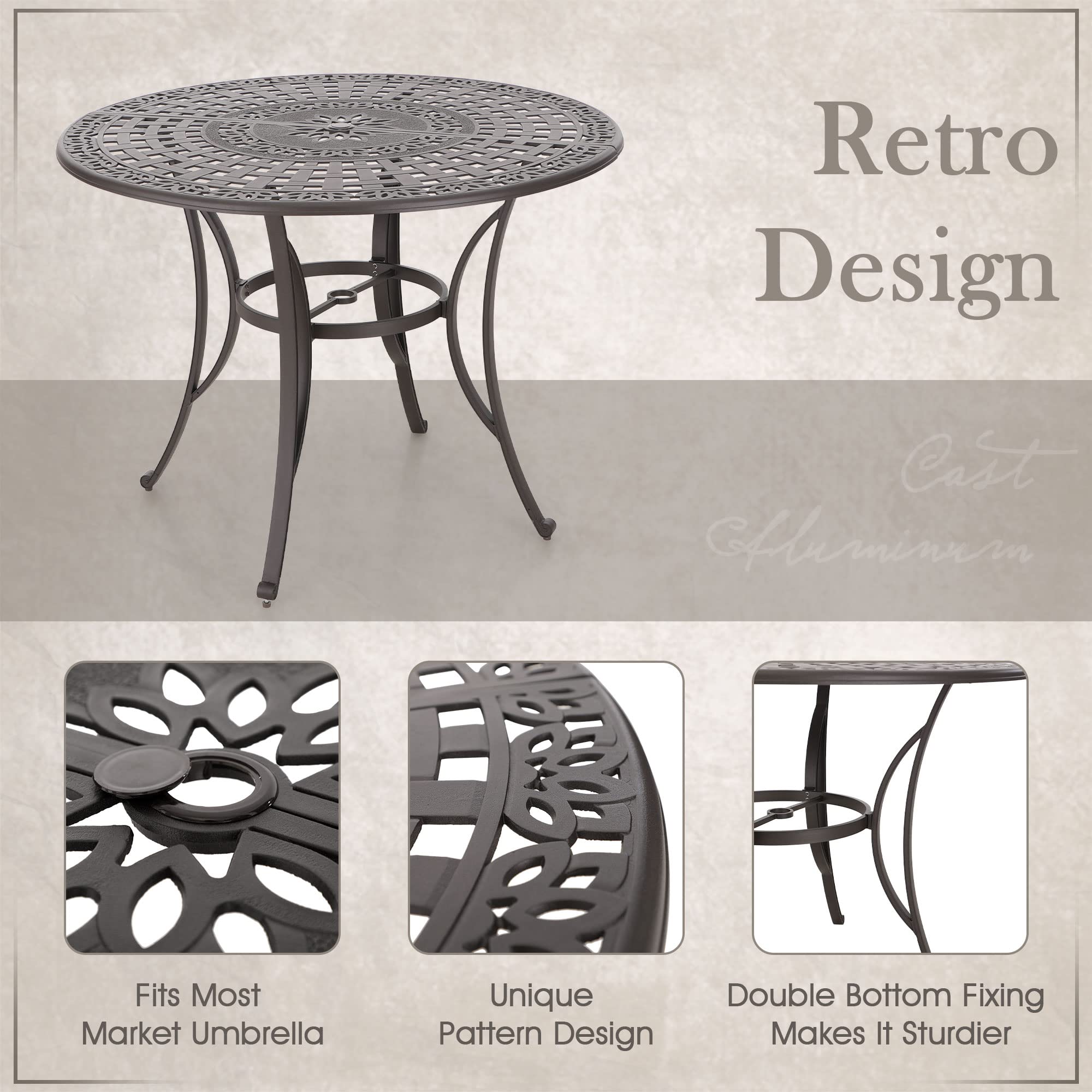 MFSTUDIO Cast Aluminum Bar Height Patio Dining Set of 7, Aluminum 54" Round Bar Height Table with Umbrella Hole and 6 Pieces Bar Height Swivel Stool, Brown