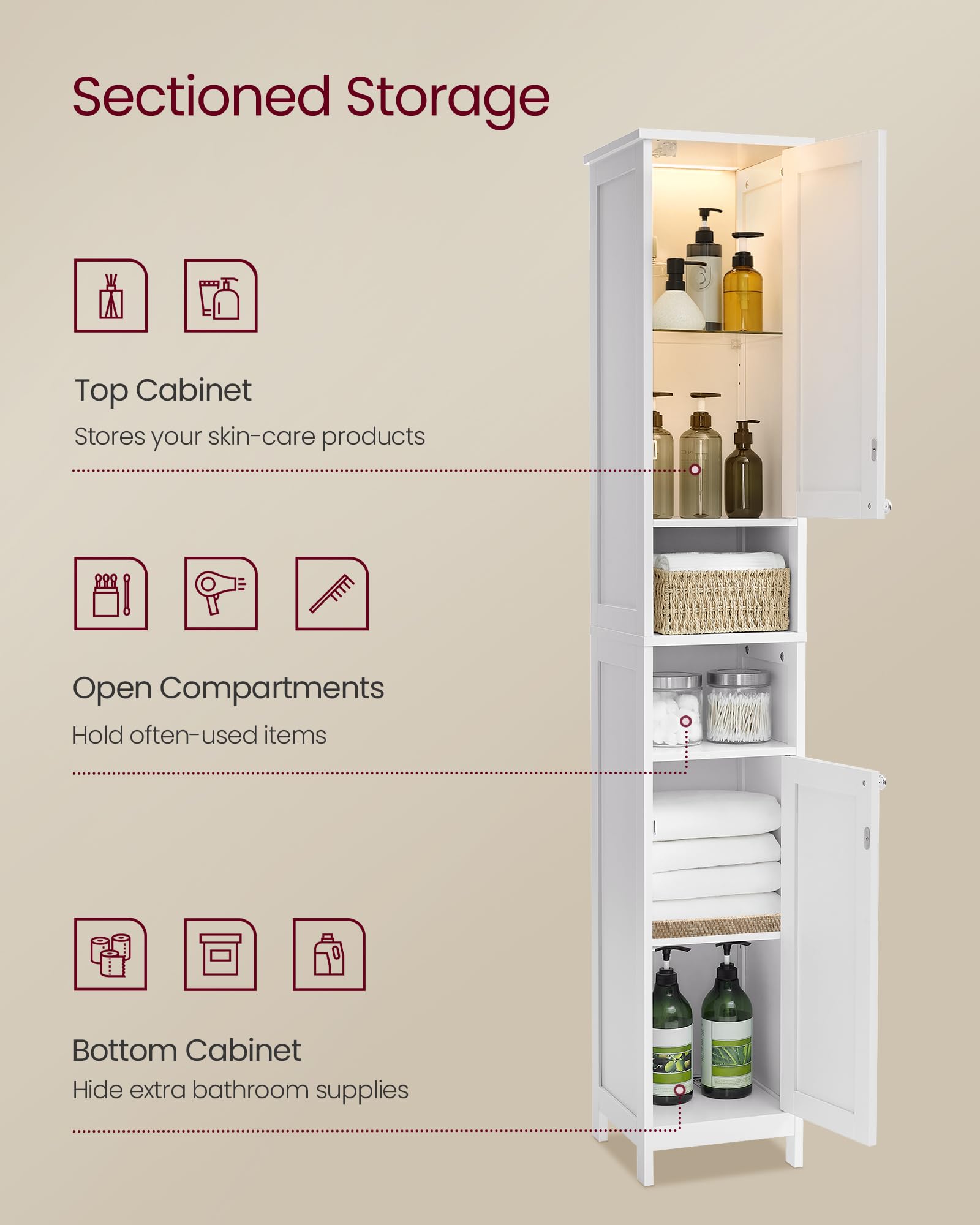 VASAGLE Tall Bathroom Cabinet with Lights, Slim Freestanding Bathroom Storage Cabinet with Adjustable Shelves, for Small Spaces, Modern, 11.8 Inches Wide, Cloud White UBBC566W02