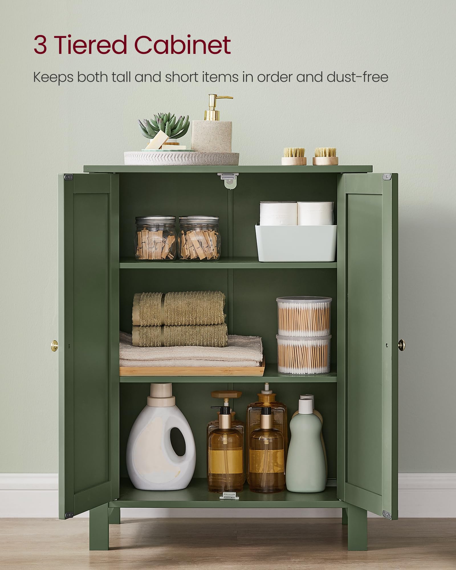 VASAGLE Bathroom Floor Storage Cabinet, Freestanding Bathroom Storage Unit with 2 Adjustable Shelves, 11.8 x 23.6 x 31.5 Inches, Forest Green UBCB060C01