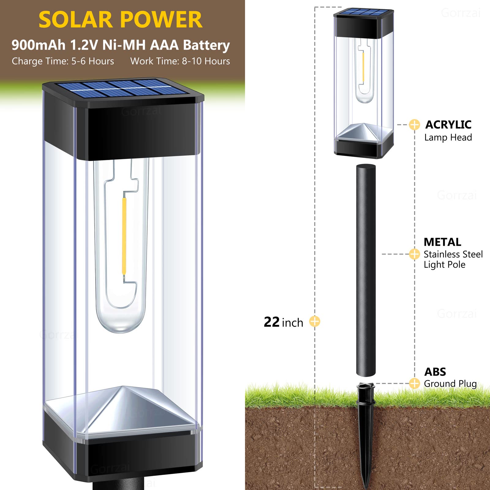 Gorrzai Solar Pathway Lights 8 Pack LED Waterproof Solar Outdoor Lights, Upgraded Stainless Steel Driveway Lighting with Tungsten Filament Bulb for Yard, Landscape, Garden, Walkway, Lawn, Path
