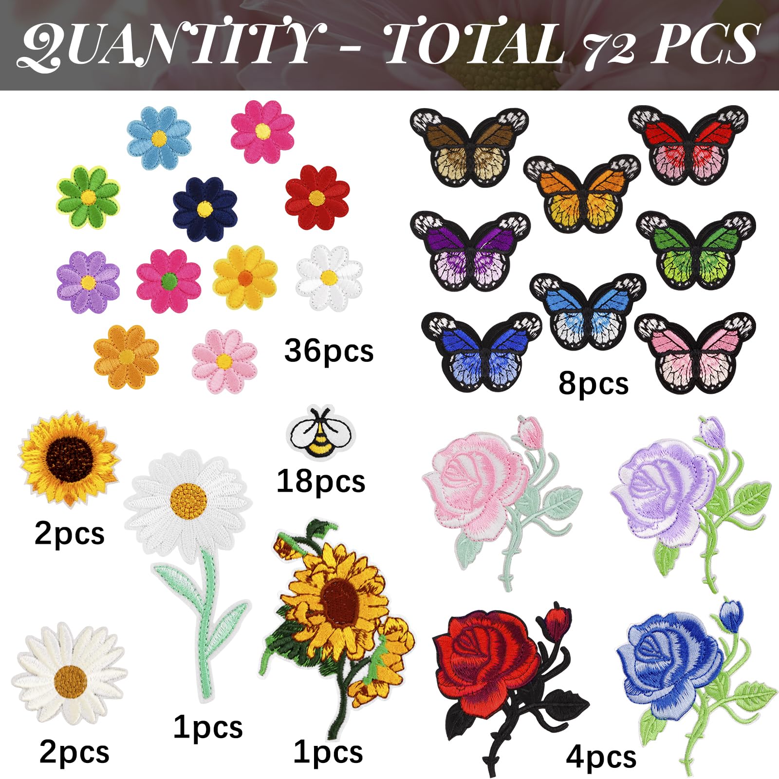 RETON 72 Pcs Embroidered Iron On Patches for Clothing, Butterfly Flower Iron On Patches Set, Bee Rose Daisy Embroidered Patches, Applique Patches for Clothes, Jackets, Jeans, Backpacks