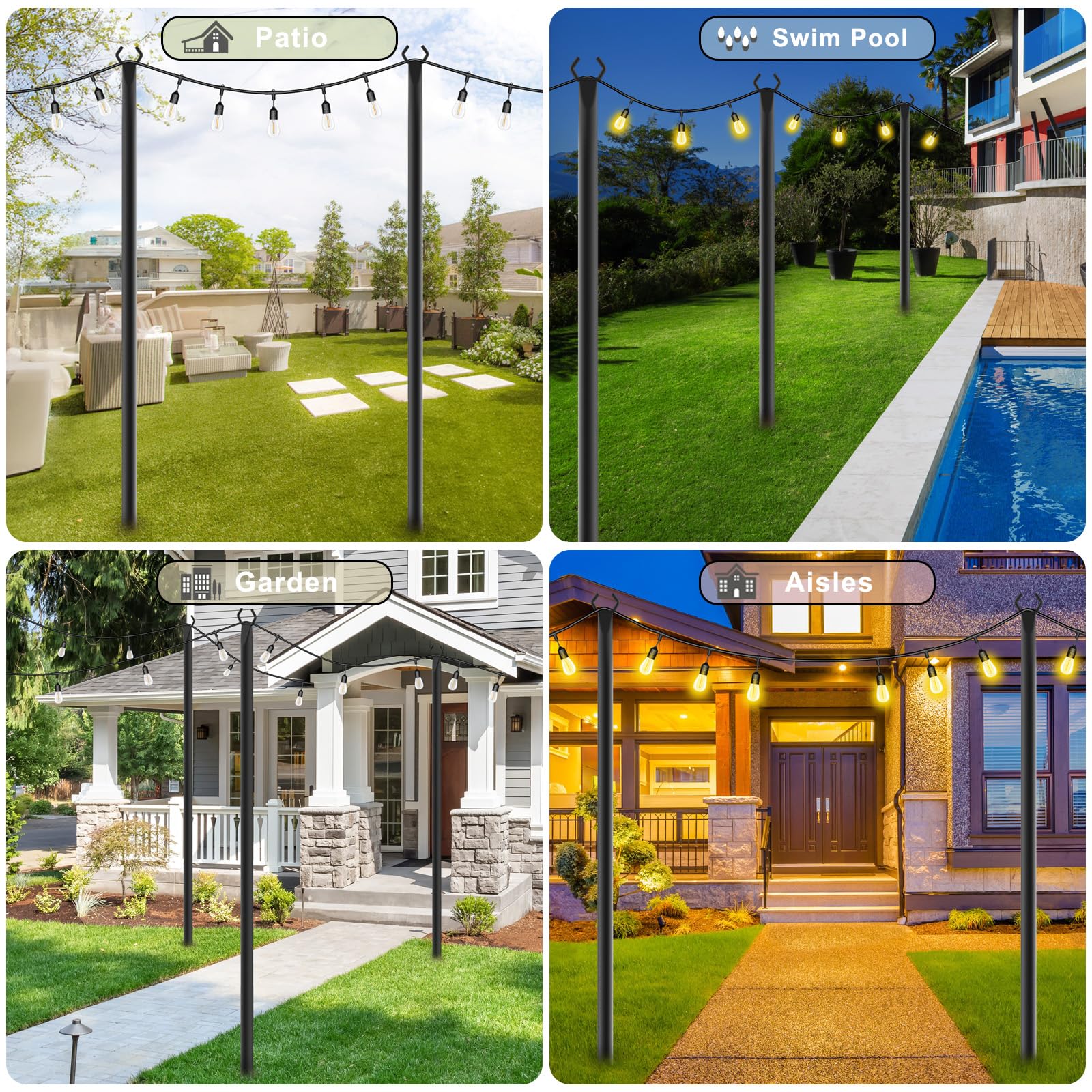NUERPO String Light Poles,Metal Poles for Hanging Outdoor Light Strings,2 Pack 10 FT Light Poles Stand for Outside Garden,Patio,Wedding,Backyard,Deck,Party