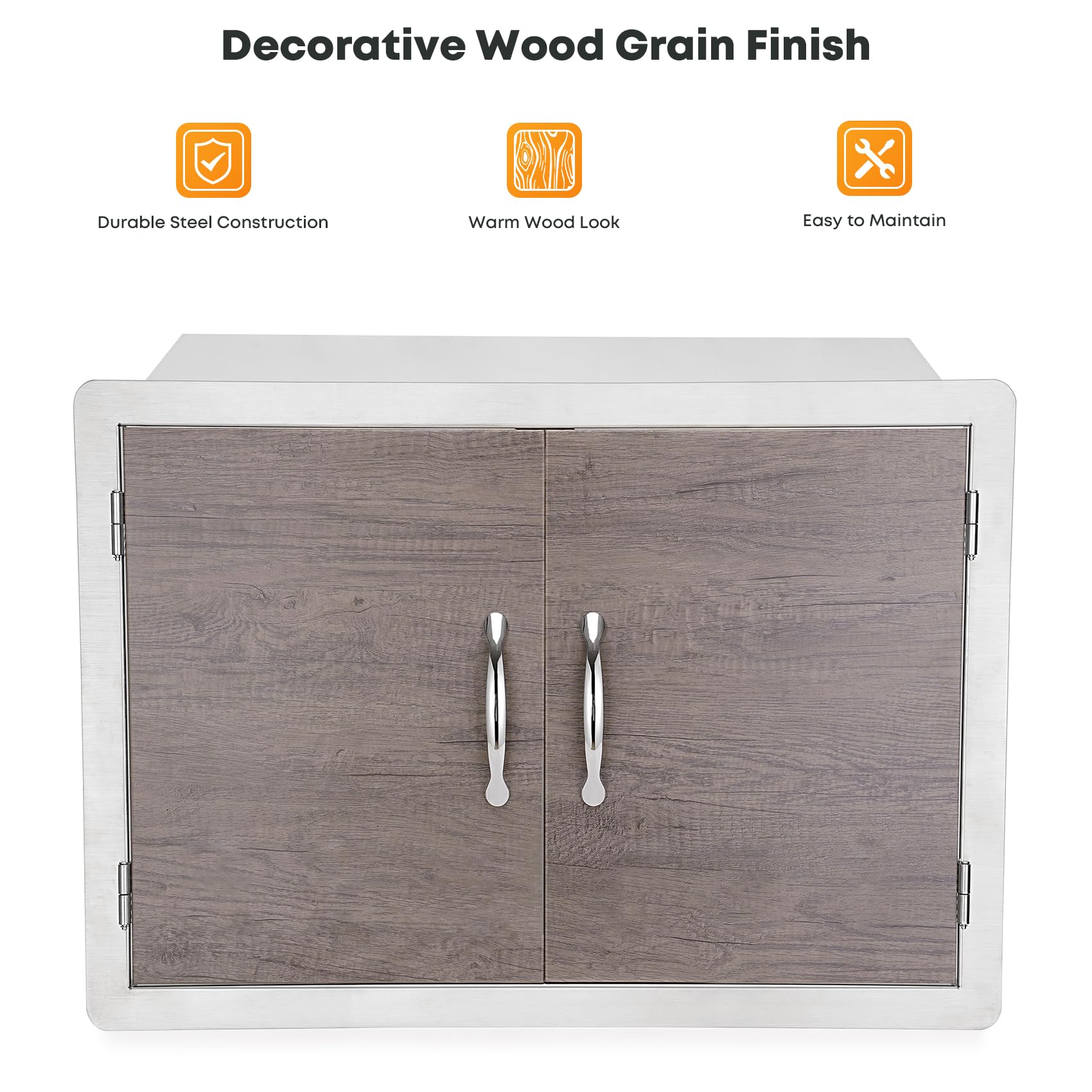 Stanbroil Double Door Dry Storage Pantry, 30-Inch Wood Grain Storage Cabinet BBQ Access Door for Outdoor Kitchen, BBQ Island and Grill Station