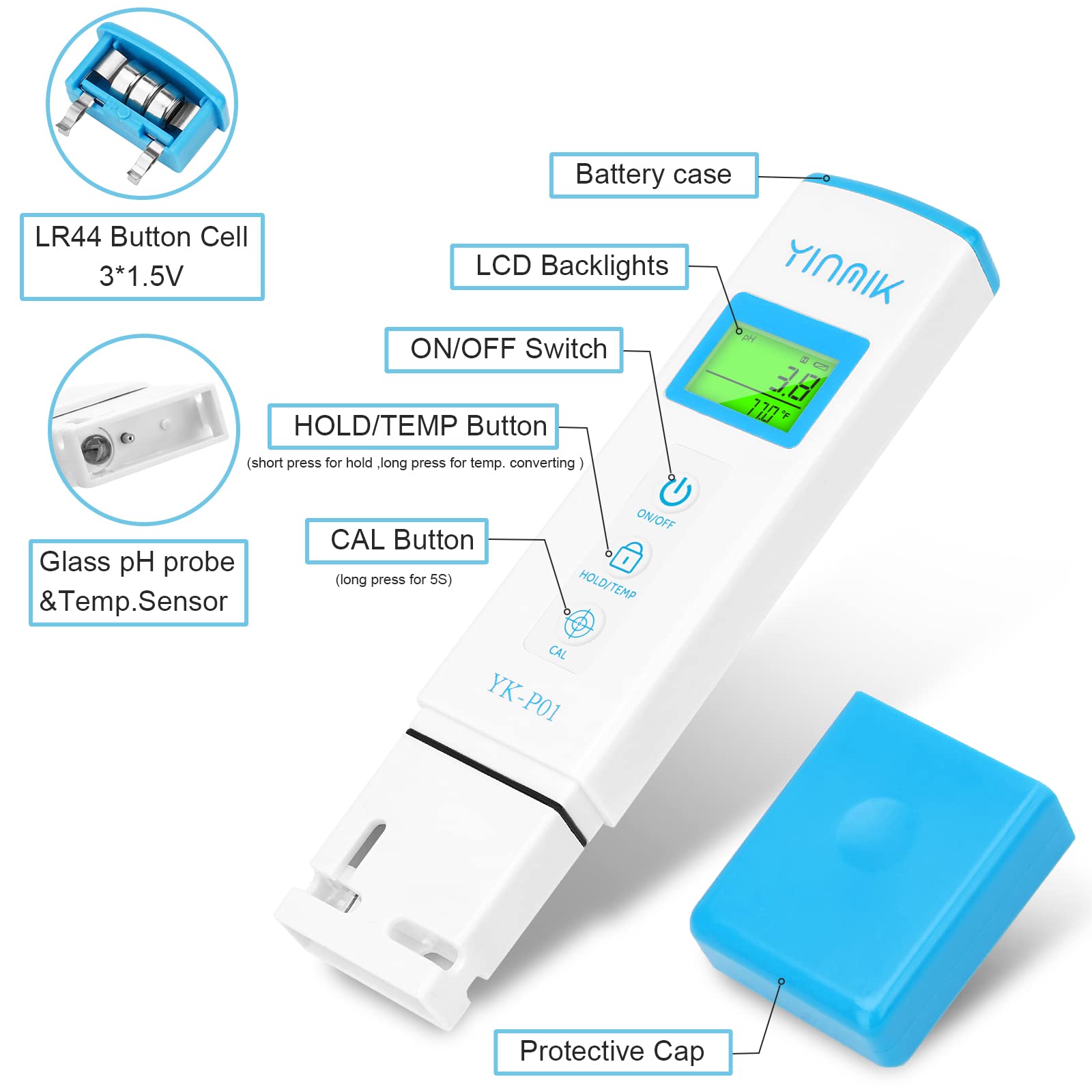 YINMIK pH Meter, Digital pH Tester for Hydroponics, pH Temp Meter with Horizontal Display for Pool, Spa, Hot Tub, Indoor Plants, Koi Ponds, Drinking Water, Wine Beer Making, Aquarium, Aquaculture