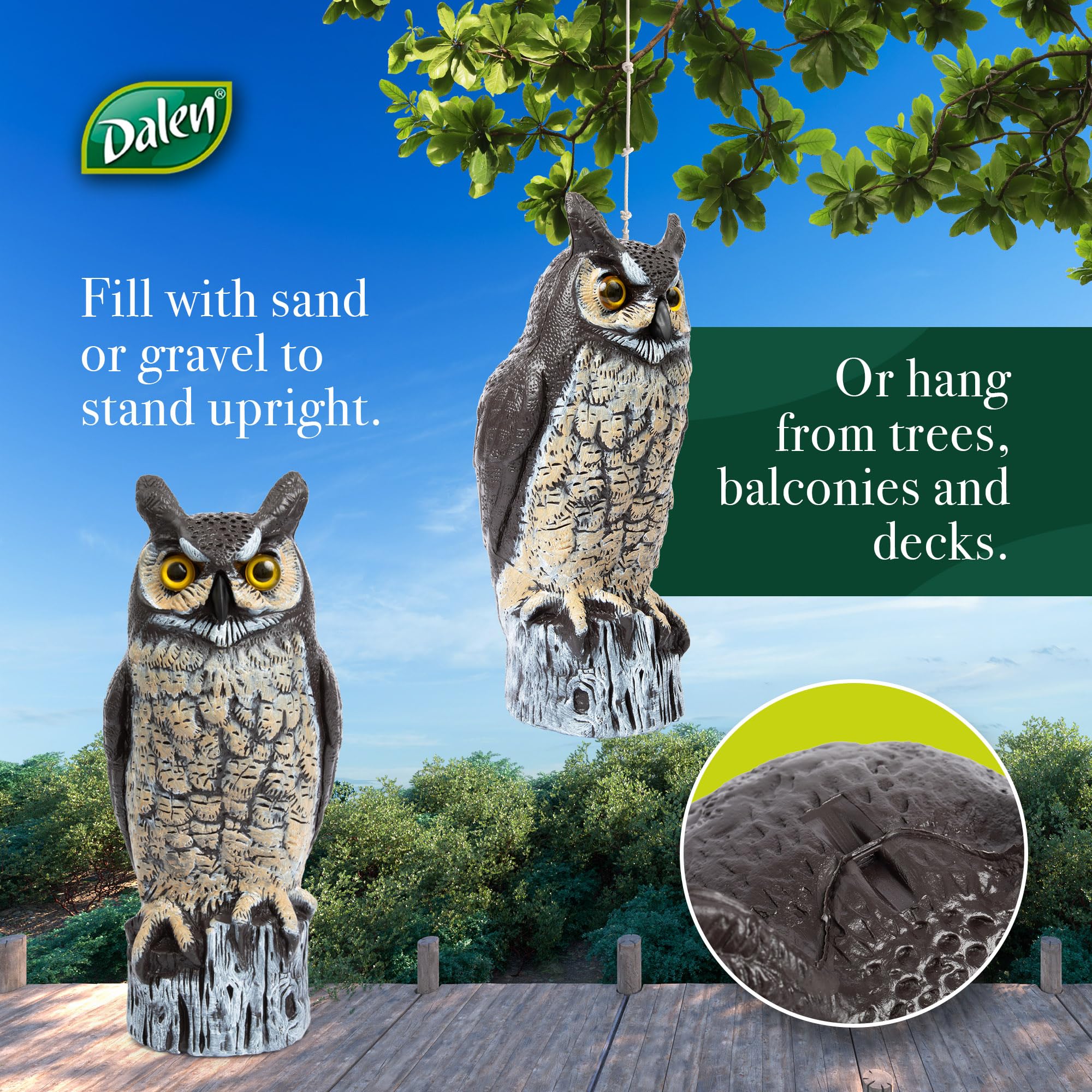 Dalen Large Fake Owl Decoy to Scare Birds Away - Garden Scarecrow Provides Natural Pest Control - 16" Tall - Great Horned Owl
