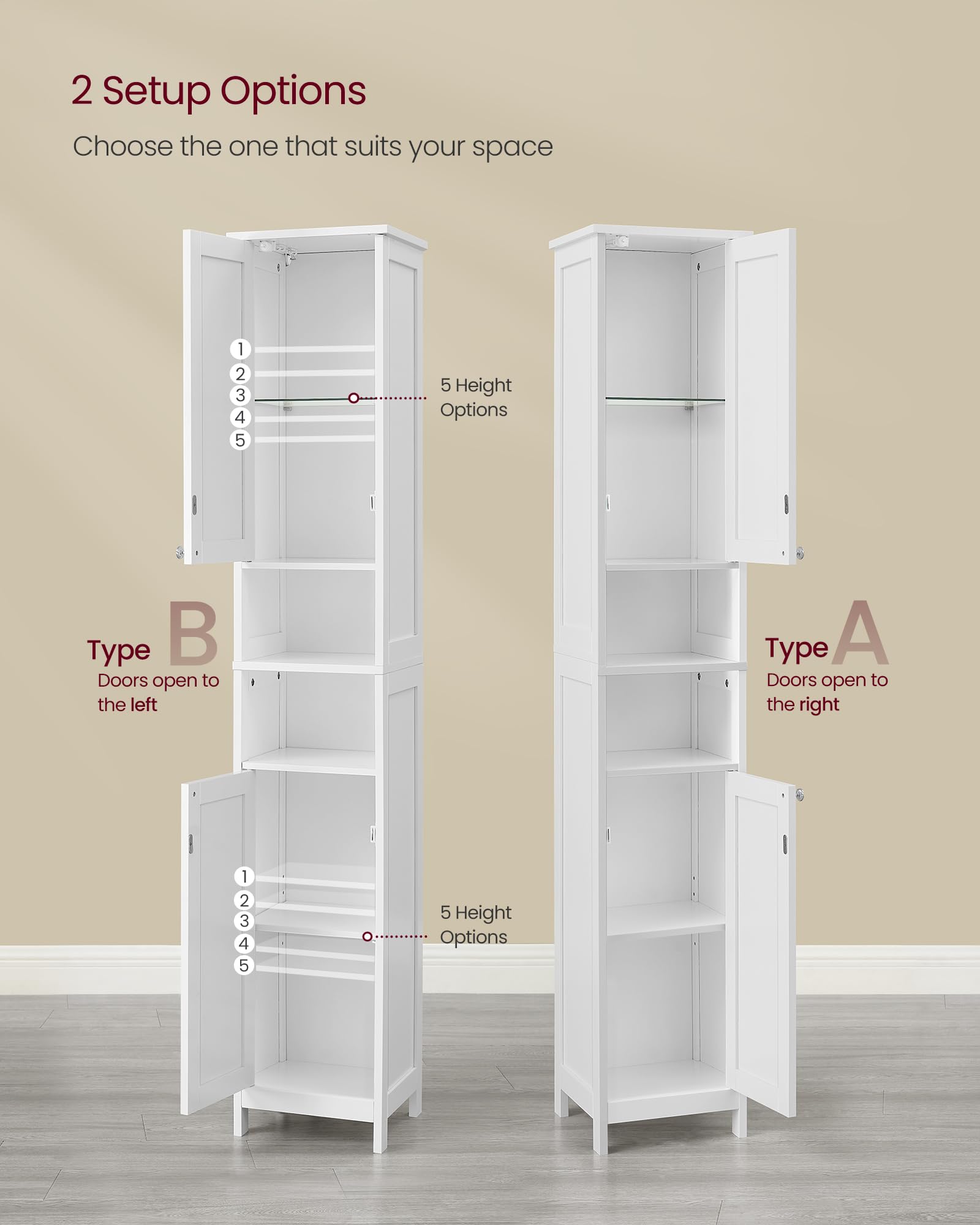 VASAGLE Tall Bathroom Cabinet with Lights, Slim Freestanding Bathroom Storage Cabinet with Adjustable Shelves, for Small Spaces, Modern, 11.8 Inches Wide, Cloud White UBBC566W02