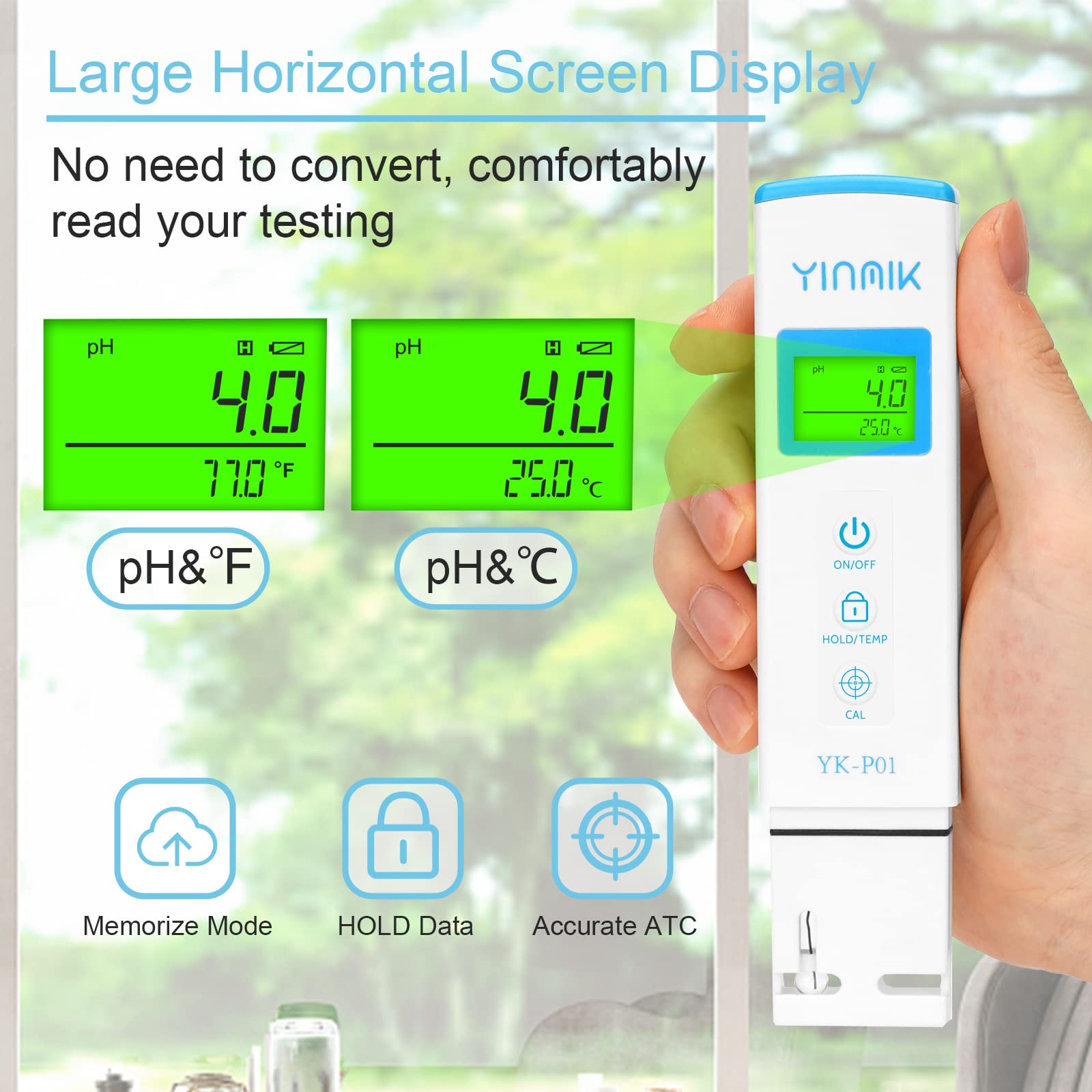 YINMIK pH Meter, Digital pH Tester for Hydroponics, pH Temp Meter with Horizontal Display for Pool, Spa, Hot Tub, Indoor Plants, Koi Ponds, Drinking Water, Wine Beer Making, Aquarium, Aquaculture