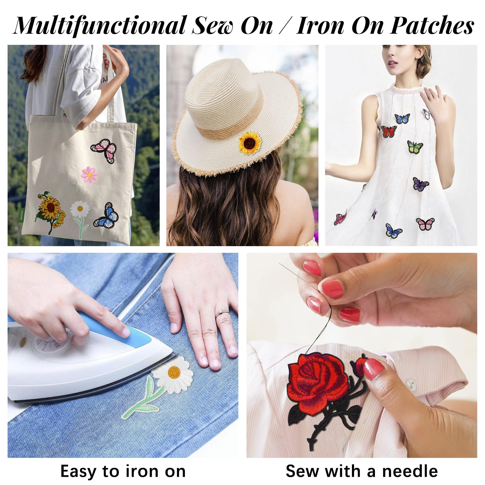 RETON 72 Pcs Embroidered Iron On Patches for Clothing, Butterfly Flower Iron On Patches Set, Bee Rose Daisy Embroidered Patches, Applique Patches for Clothes, Jackets, Jeans, Backpacks