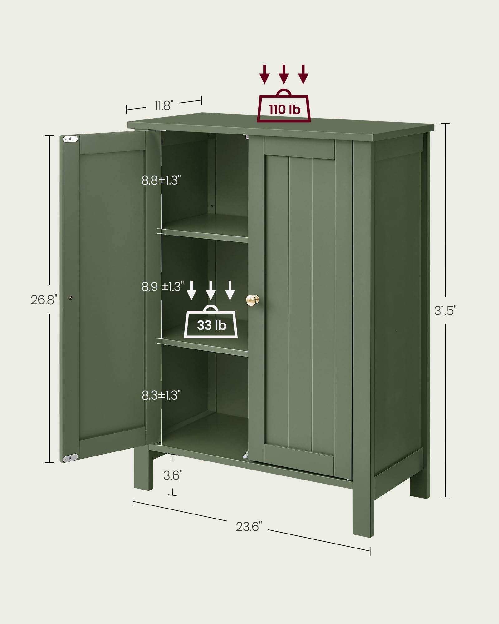 VASAGLE Bathroom Floor Storage Cabinet, Freestanding Bathroom Storage Unit with 2 Adjustable Shelves, 11.8 x 23.6 x 31.5 Inches, Forest Green UBCB060C01