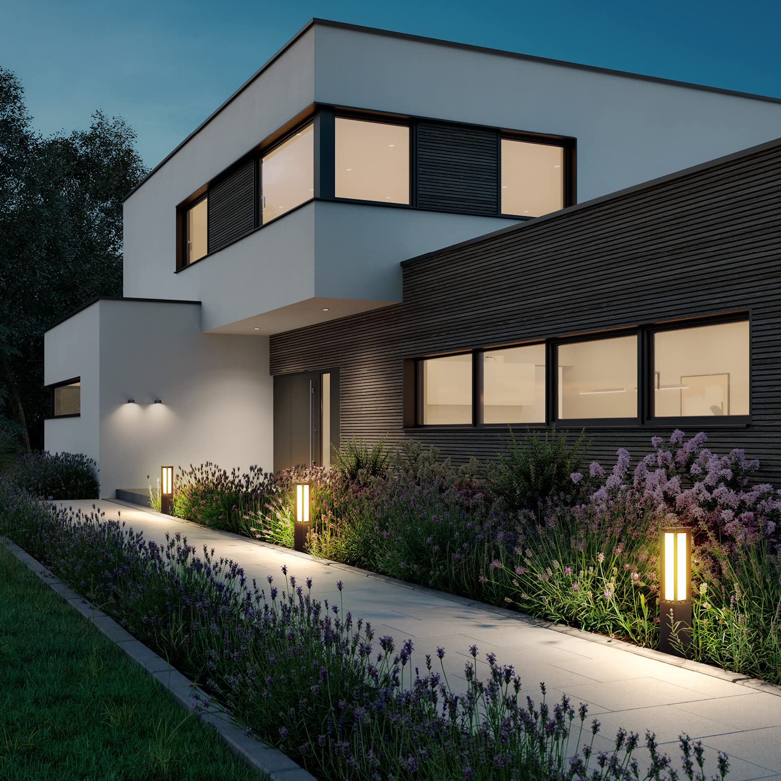 Linkmoon Solar Landscape Path Light, Stainless Steel 3W 350LM Luxury LED Lighting, 32 Inches Modern Outdoor Bollard Lighting for Lawn, Patio, Courtyard and Driveway Decoration