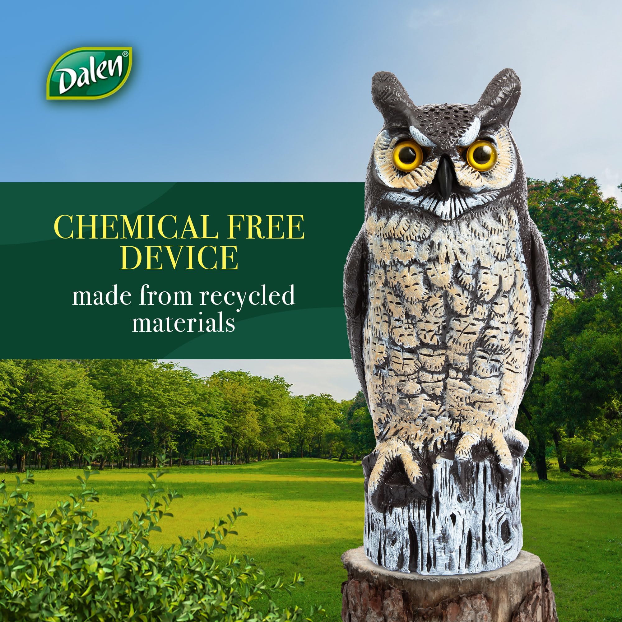 Dalen Large Fake Owl Decoy to Scare Birds Away - Garden Scarecrow Provides Natural Pest Control - 16" Tall - Great Horned Owl