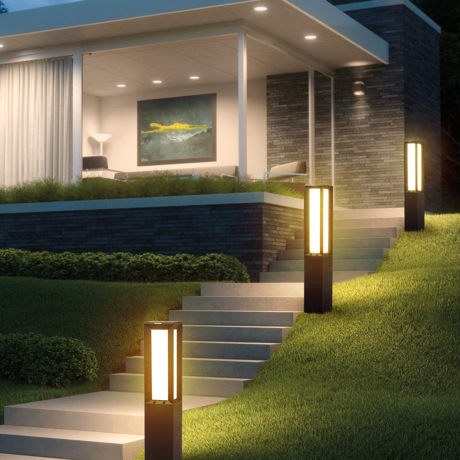 Linkmoon Solar Landscape Path Light, Stainless Steel 3W 350LM Luxury LED Lighting, 32 Inches Modern Outdoor Bollard Lighting for Lawn, Patio, Courtyard and Driveway Decoration