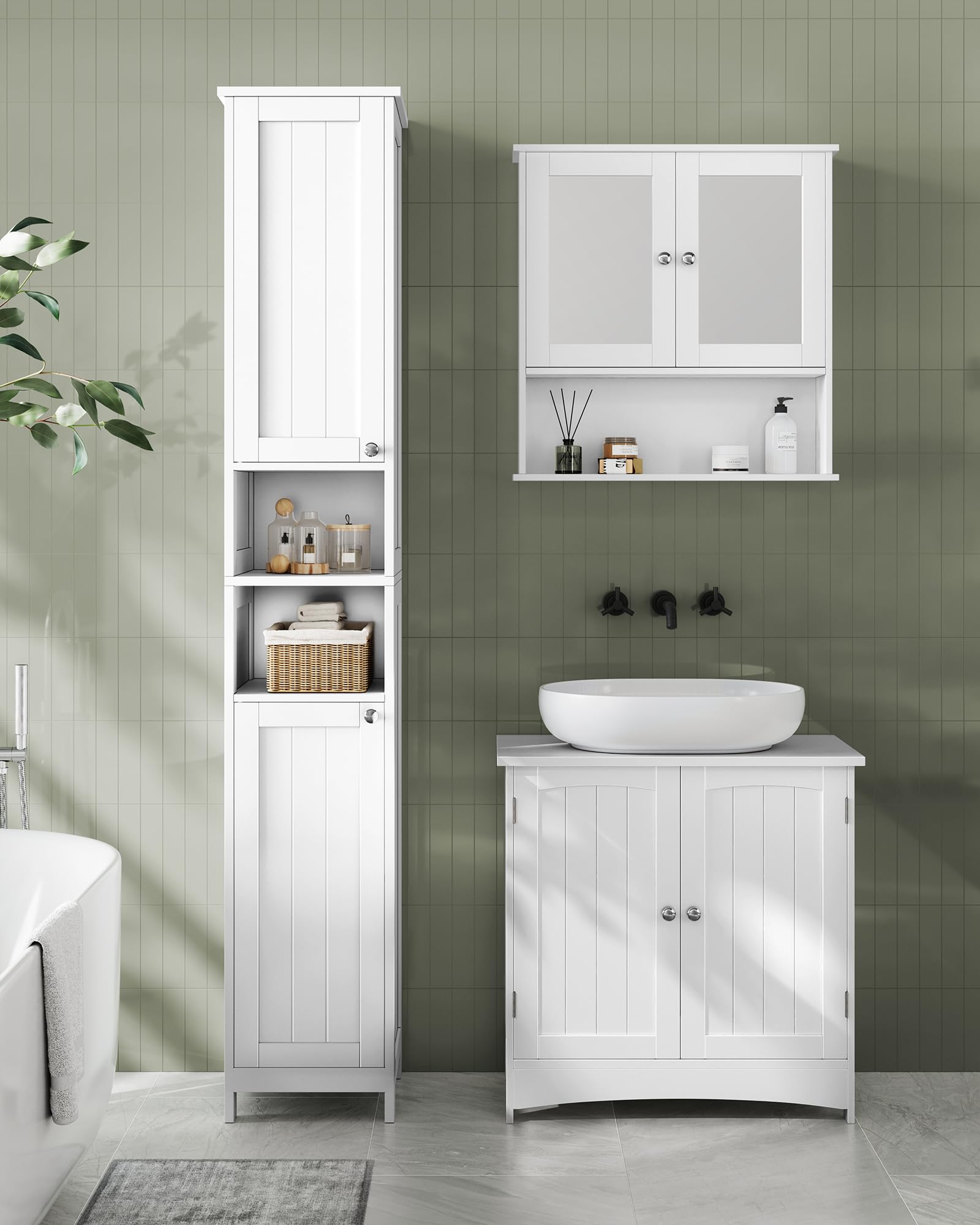 VASAGLE Tall Bathroom Cabinet with Lights, Slim Freestanding Bathroom Storage Cabinet with Adjustable Shelves, for Small Spaces, Modern, 11.8 Inches Wide, Cloud White UBBC566W02