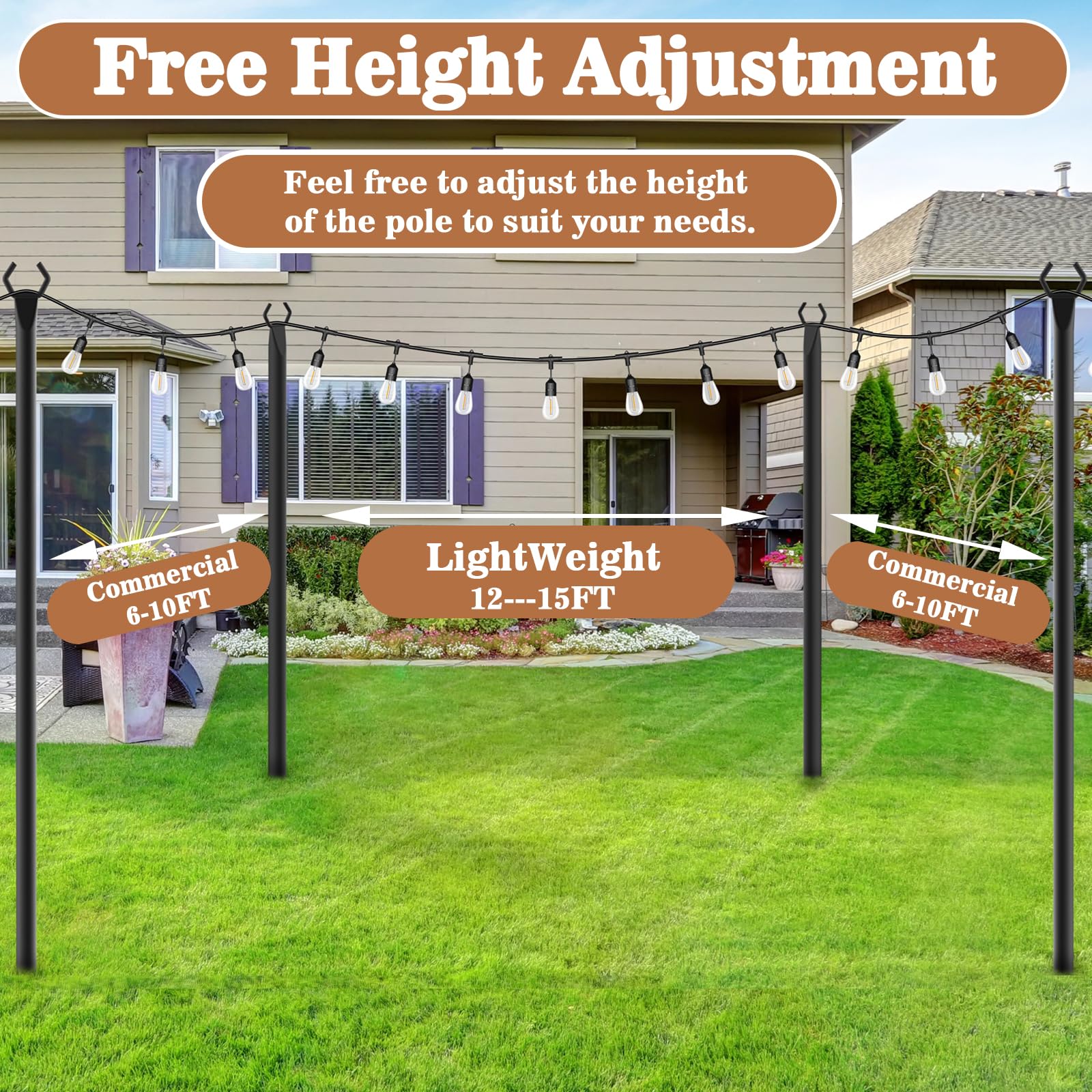 NUERPO String Light Poles,Metal Poles for Hanging Outdoor Light Strings,2 Pack 10 FT Light Poles Stand for Outside Garden,Patio,Wedding,Backyard,Deck,Party
