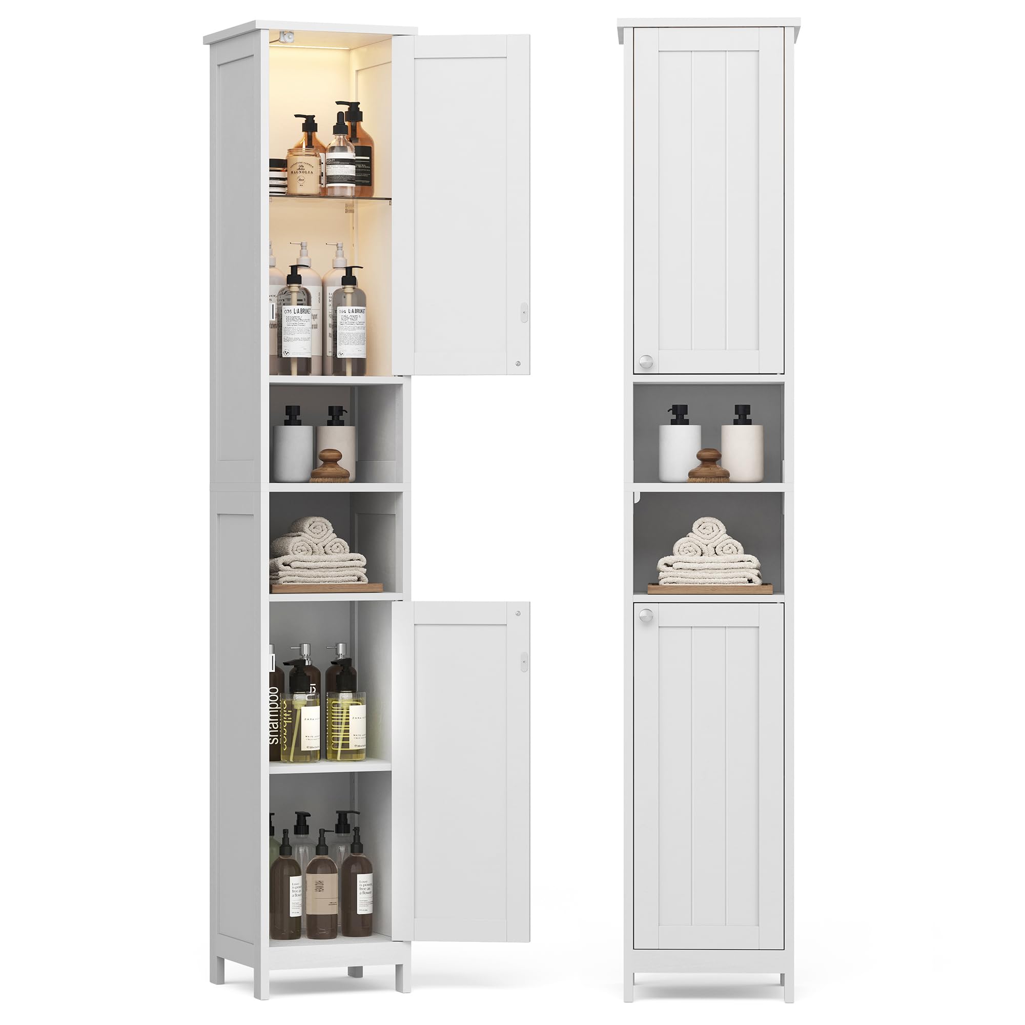 VASAGLE Tall Bathroom Cabinet with Lights, Slim Freestanding Bathroom Storage Cabinet with Adjustable Shelves, for Small Spaces, Modern, 11.8 Inches Wide, Cloud White UBBC566W02