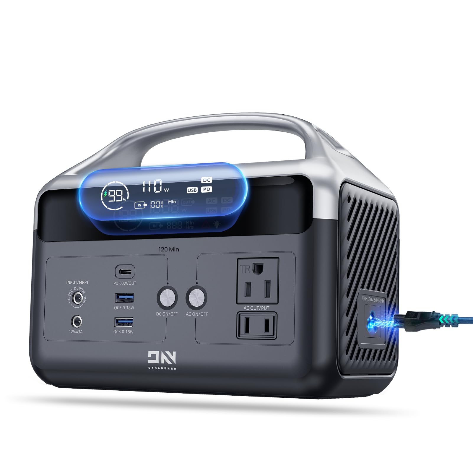DaranEner Portable Power Station 56000mAh, 179.2Wh LiFePO4 Battery Backup w/ 2 300W (Peak 600W) AC Outlets, 1.5hrs Fast Charging, Power Bank for Hurricane Emergency/Outdoor Camping/RVs/Home Use