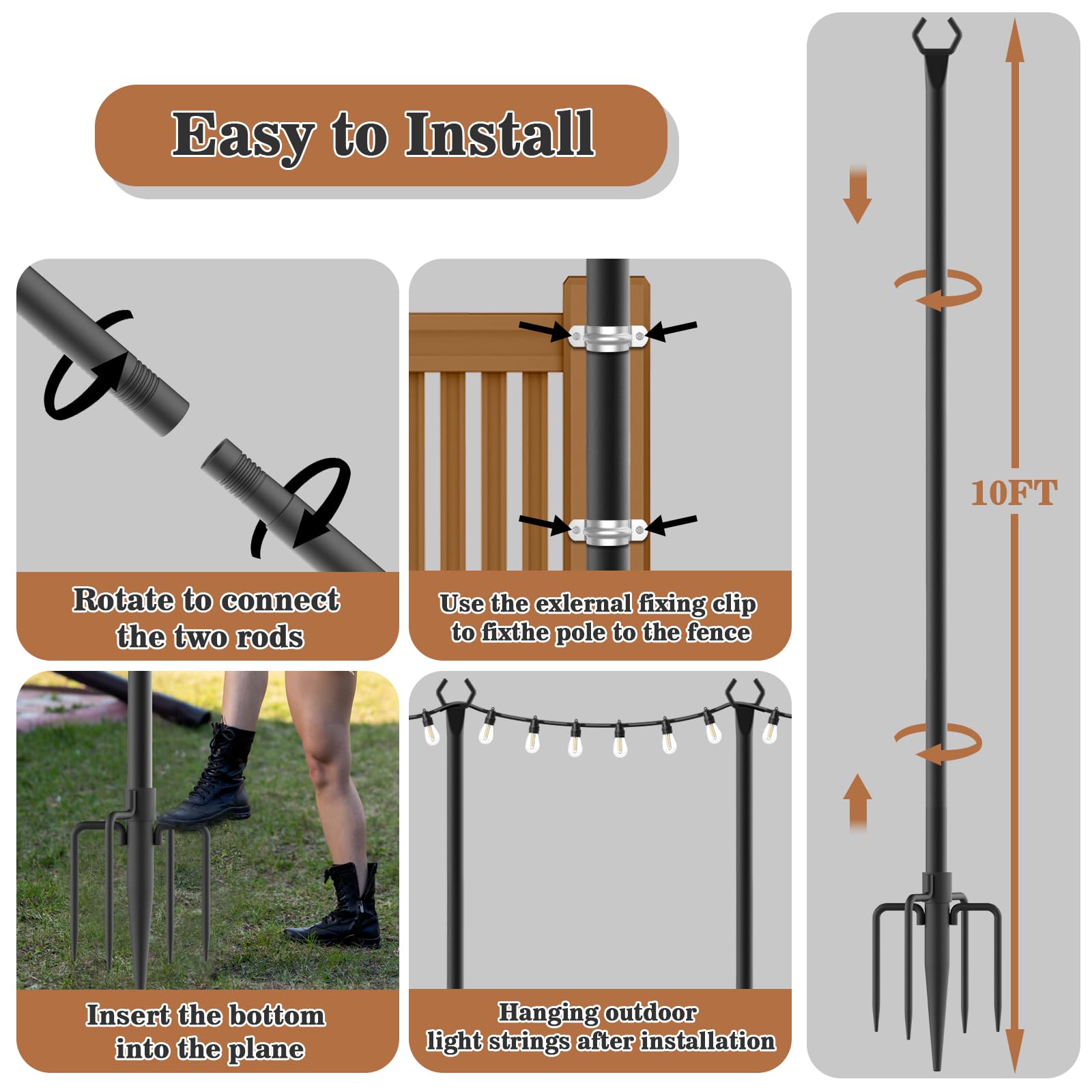 NUERPO String Light Poles,Metal Poles for Hanging Outdoor Light Strings,2 Pack 10 FT Light Poles Stand for Outside Garden,Patio,Wedding,Backyard,Deck,Party