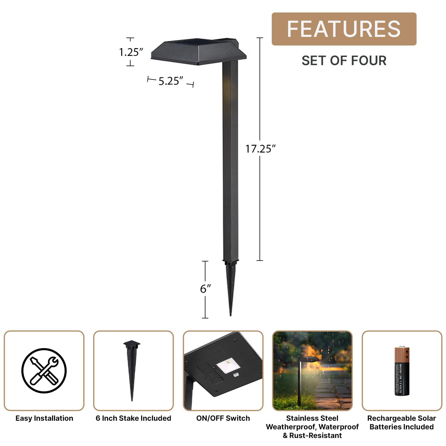 LampLust Black Solar Pathway Lights Outdoor, 4 Pack Stainless Steel Modern Path Lights, Waterproof, LED Metal Solar Garden Light for Yard, Walkway, Driveway & Landscape Lighting