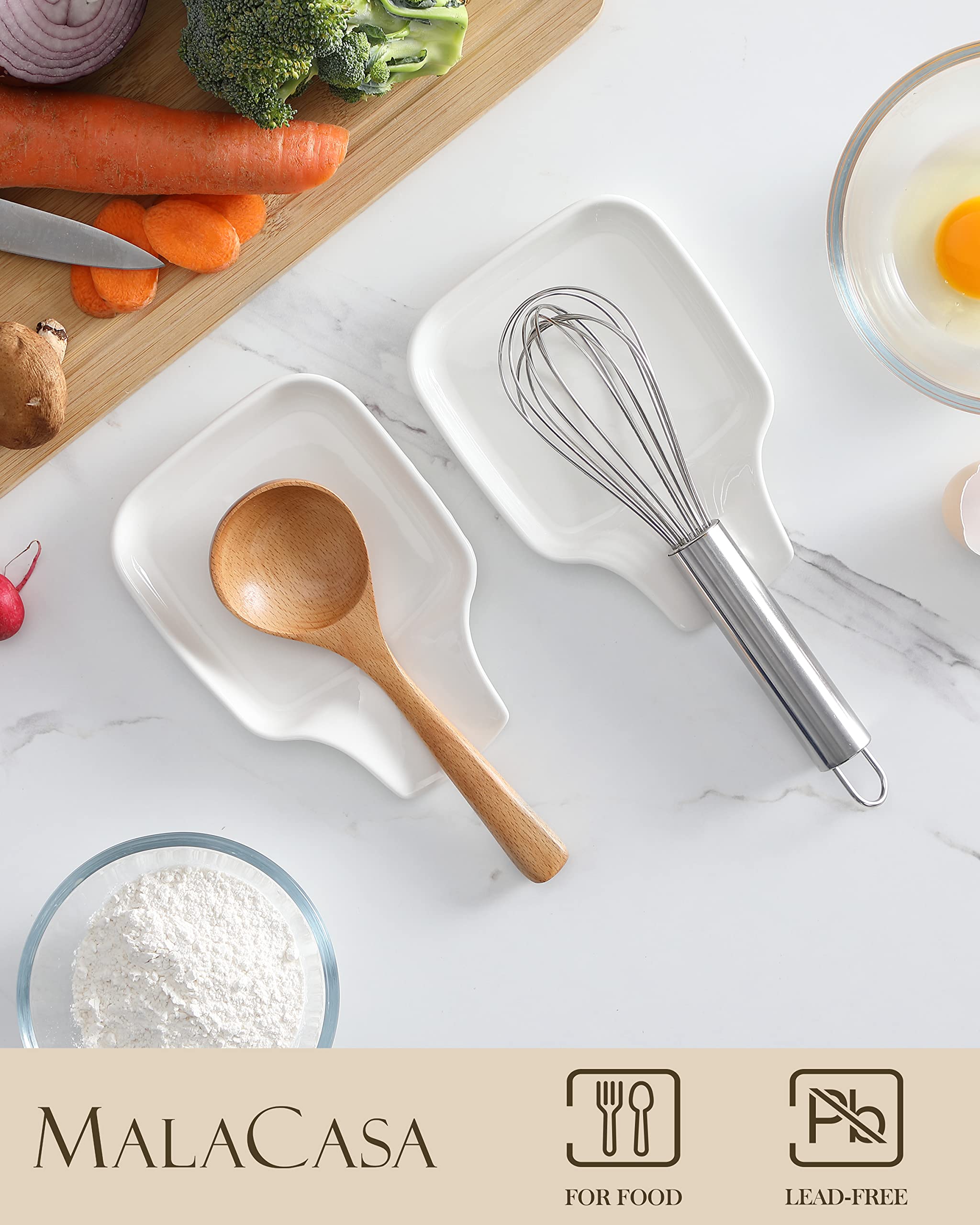 MALACASA Spoon Rest, Large Spoon Rests for Stove Top, Porcelain Spoon Holder for Kitchen Counter, Utensils Rests, Cooking Spoon Holders for Spatula Ladle Tongs, Ivory White, Series REGULAR