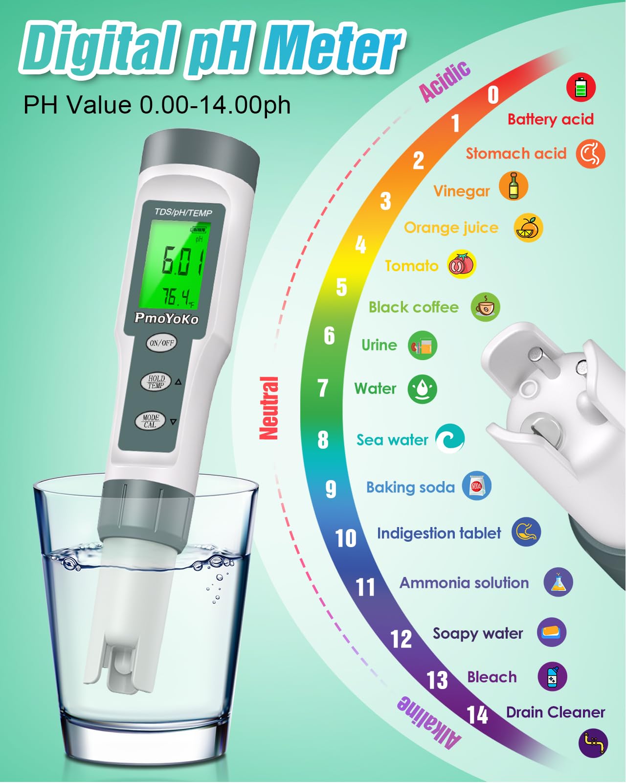 Digital pH Meter Tester Pen With 3 Calibration Powders, 0.01 Accuracy, Pocket Size, LCD Display for Household Drinking, Pool and Aquarium