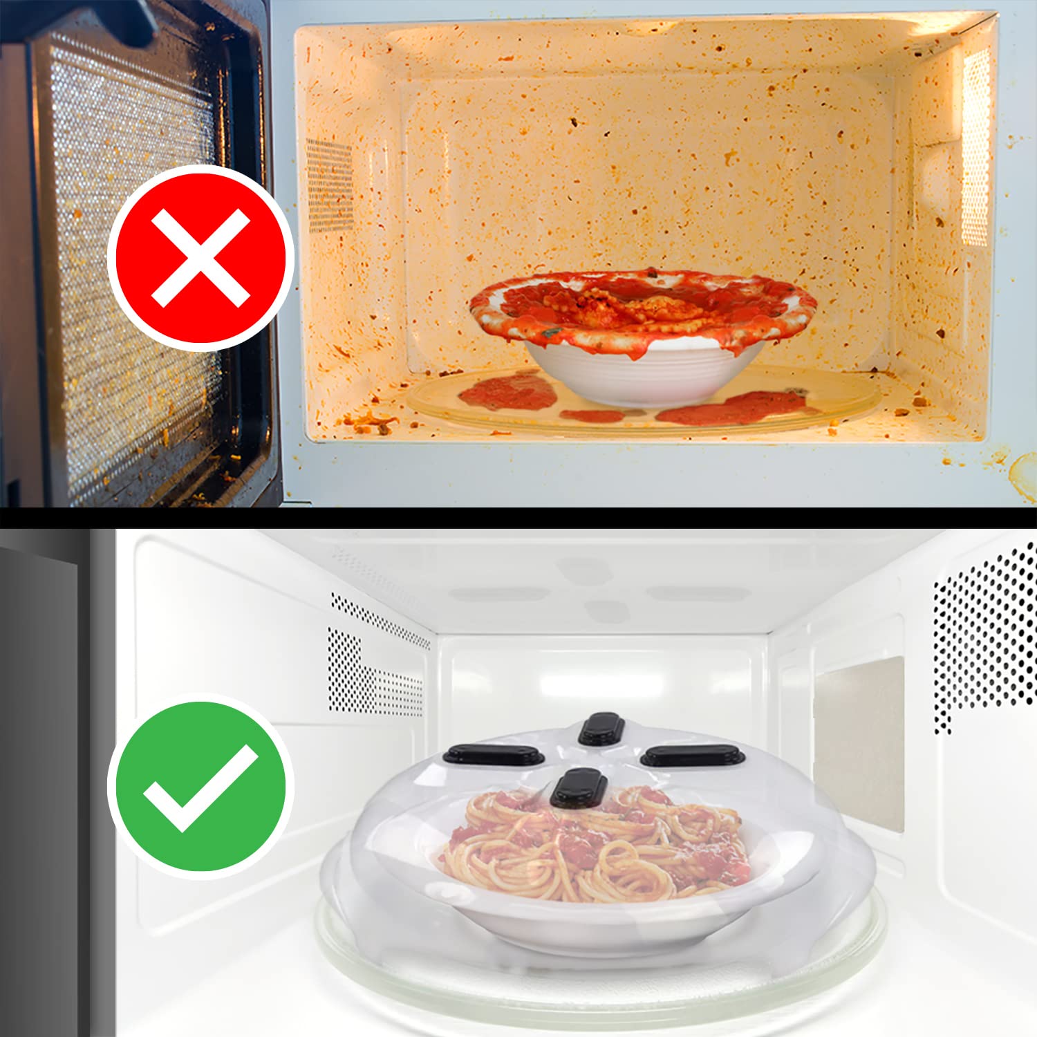 Hover Cover Magnetic Splatter Cover, 12-Inch Clear BPA-Free Food Lid, Vented Plate Guard with Steam Vents, Anti-Splash Microwave Lid, Dishwasher Safe, Space-Saving Magnetic Storage - Black 2 Pack