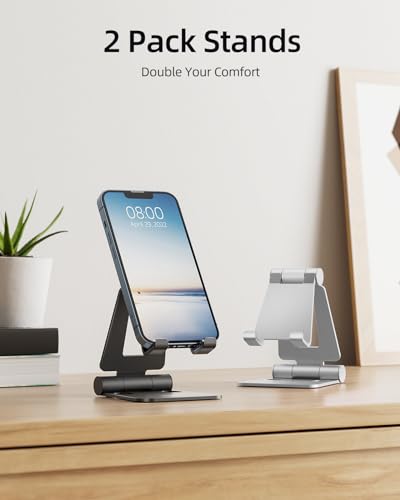 Nulaxy 2 Pack Dual Folding Cell Phone Stand, Fully Adjustable Foldable Desktop Phone Holder Cradle Dock Compatible with Phone 16 15 14 13 12 Pro Xs Xs Max Xr X 8, All Phones, Black & Silver