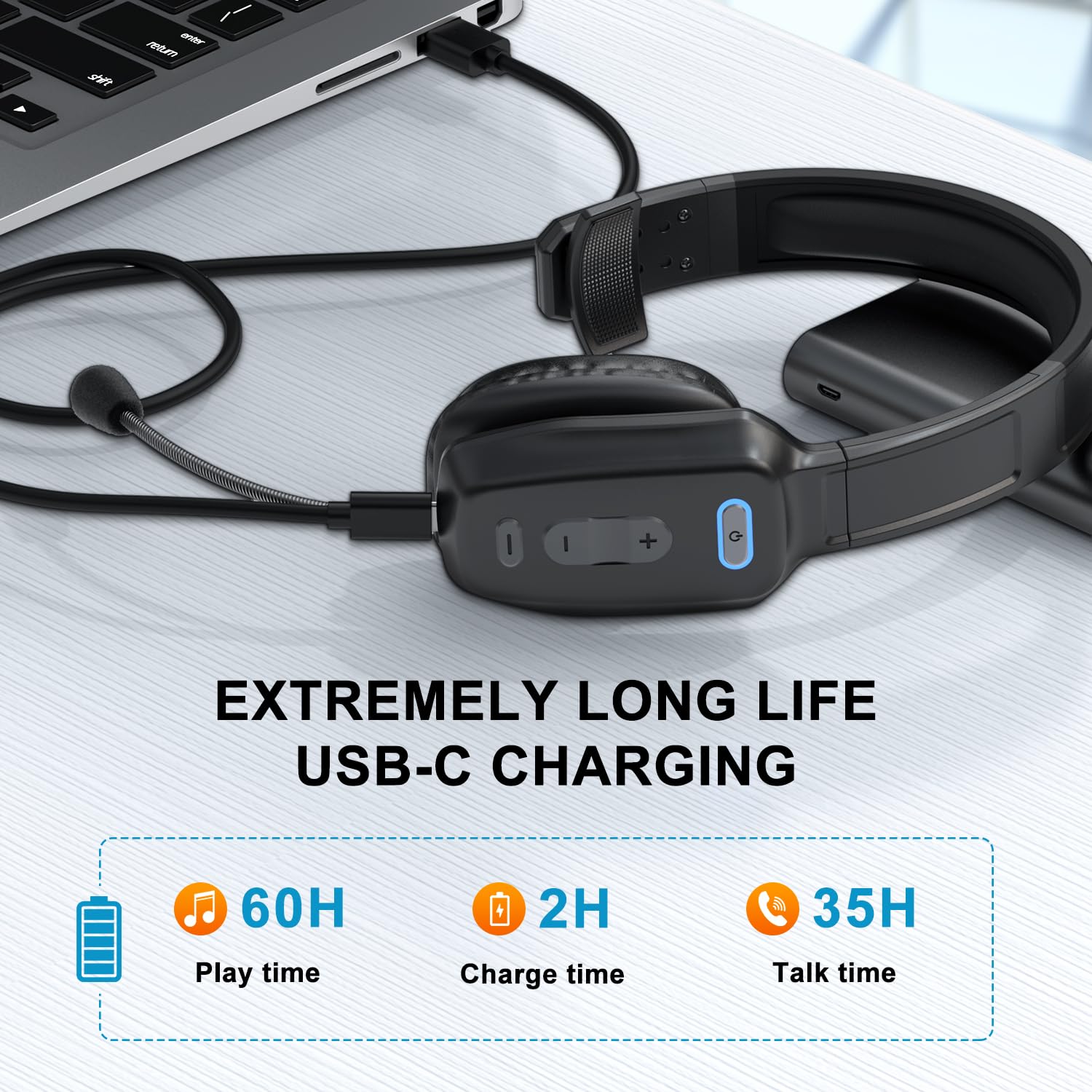 LEAYU Trucker Bluetooth Headset with Noise Canceling Microphone & Mute Button - Up to 60Hrs Worktime, Wireless Headphones for PC Computer Cell Phone Driver Home Office Work (Black)