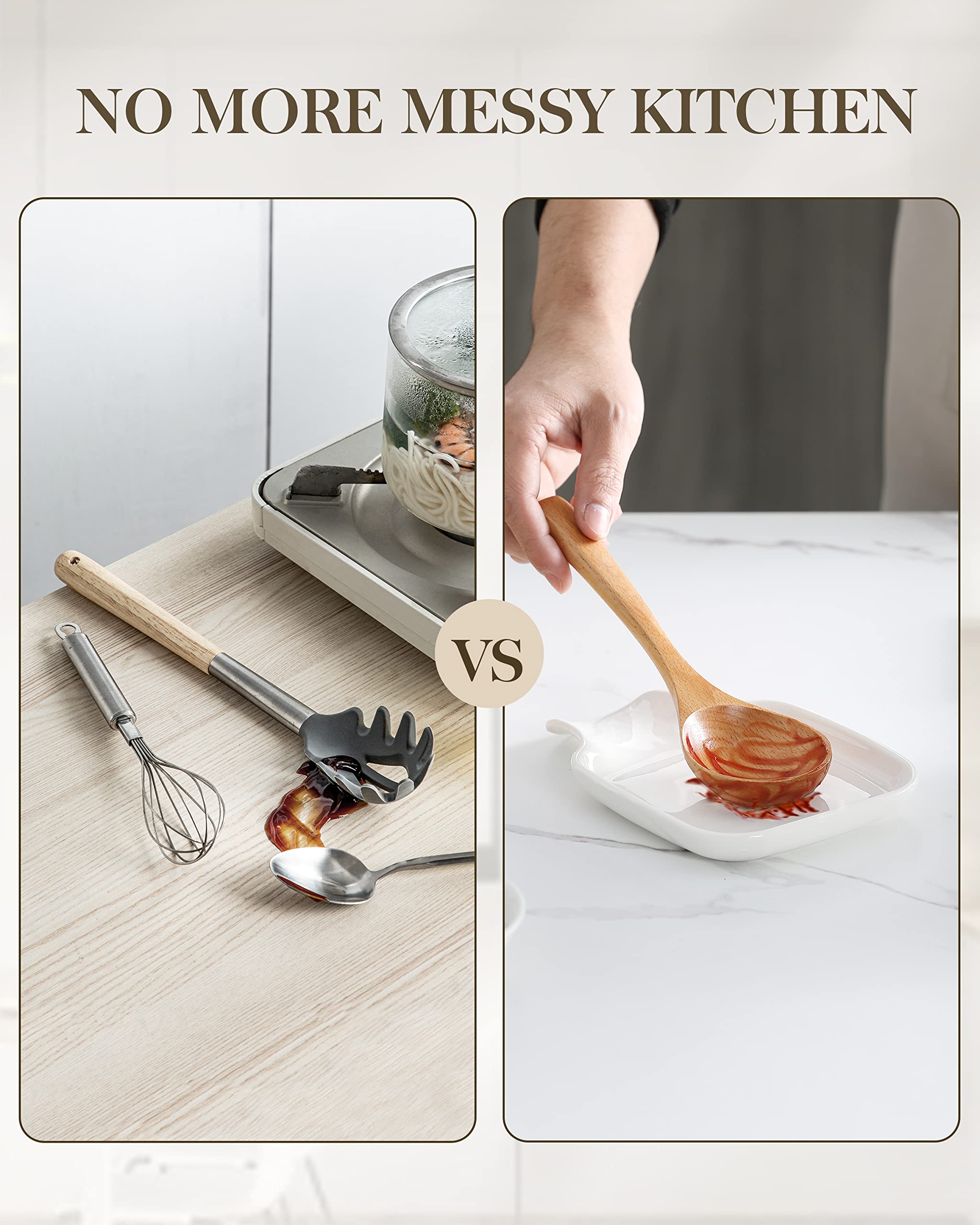 MALACASA Spoon Rest, Large Spoon Rests for Stove Top, Porcelain Spoon Holder for Kitchen Counter, Utensils Rests, Cooking Spoon Holders for Spatula Ladle Tongs, Ivory White, Series REGULAR