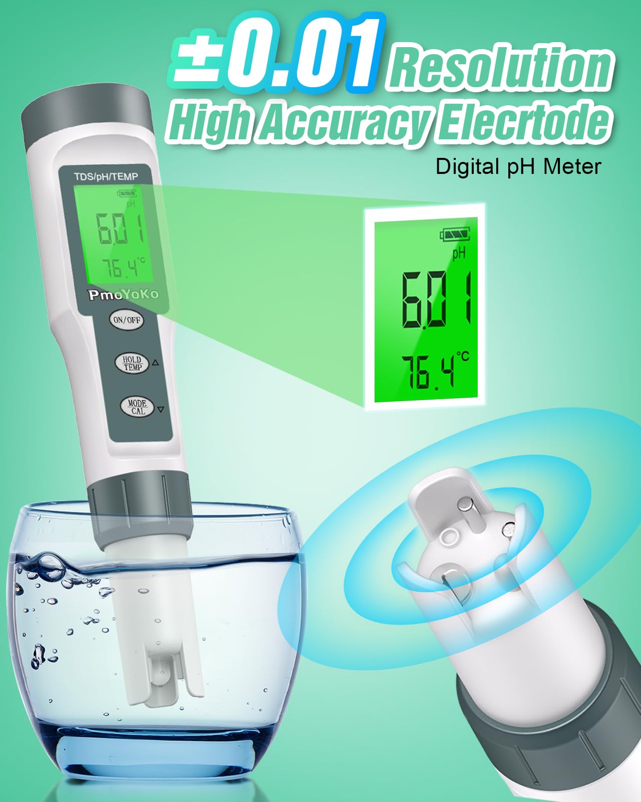 Digital pH Meter Tester Pen With 3 Calibration Powders, 0.01 Accuracy, Pocket Size, LCD Display for Household Drinking, Pool and Aquarium