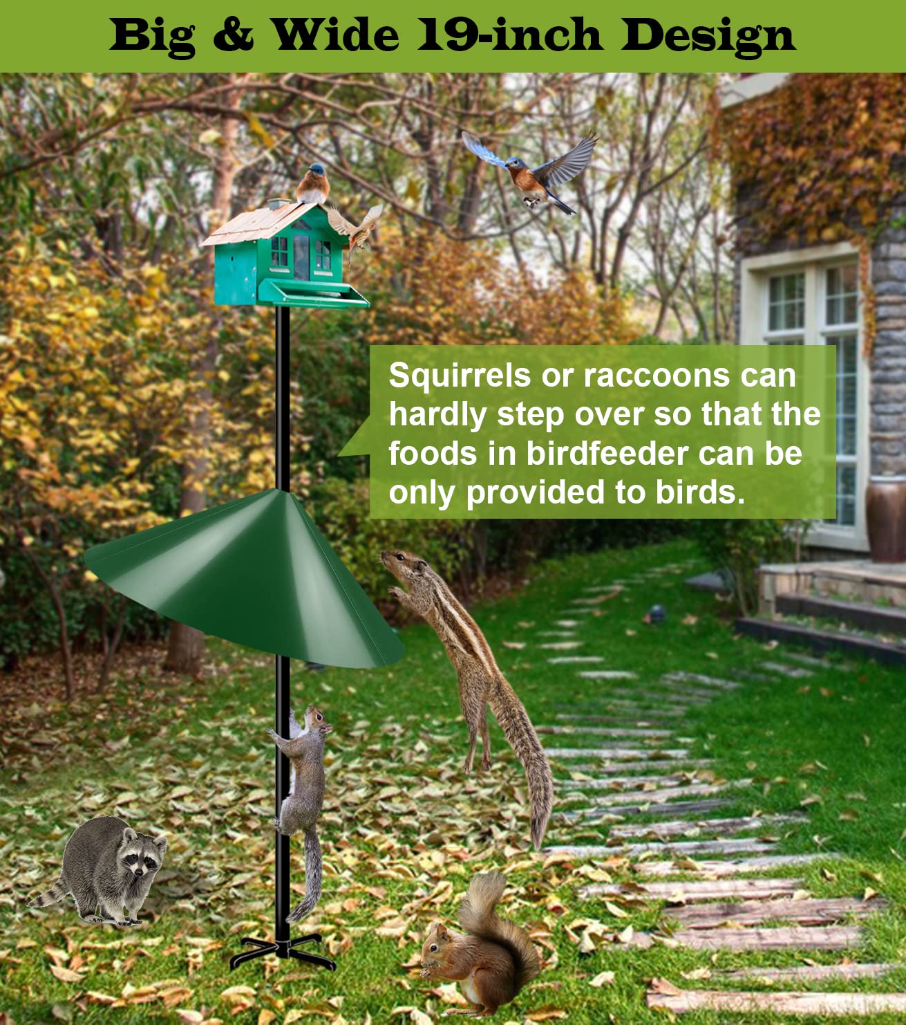 Ansionsol 19 Inch Wide Squirrel Baffle for Bird Feeder Pole, Outside Pole Mount Stopper & Bird House Guard for Outdoor Shepherd’s Hook, Green, 1 Pack