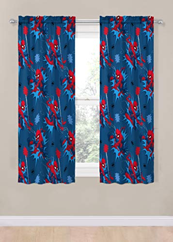 Jay Franco Kids Window Drapes - 4 Piece Curtain Set Includes 2 Tiebacks, Beautiful Bedding Room Décor and Easy Set Up, Blue - Spiderman, 63 Inch