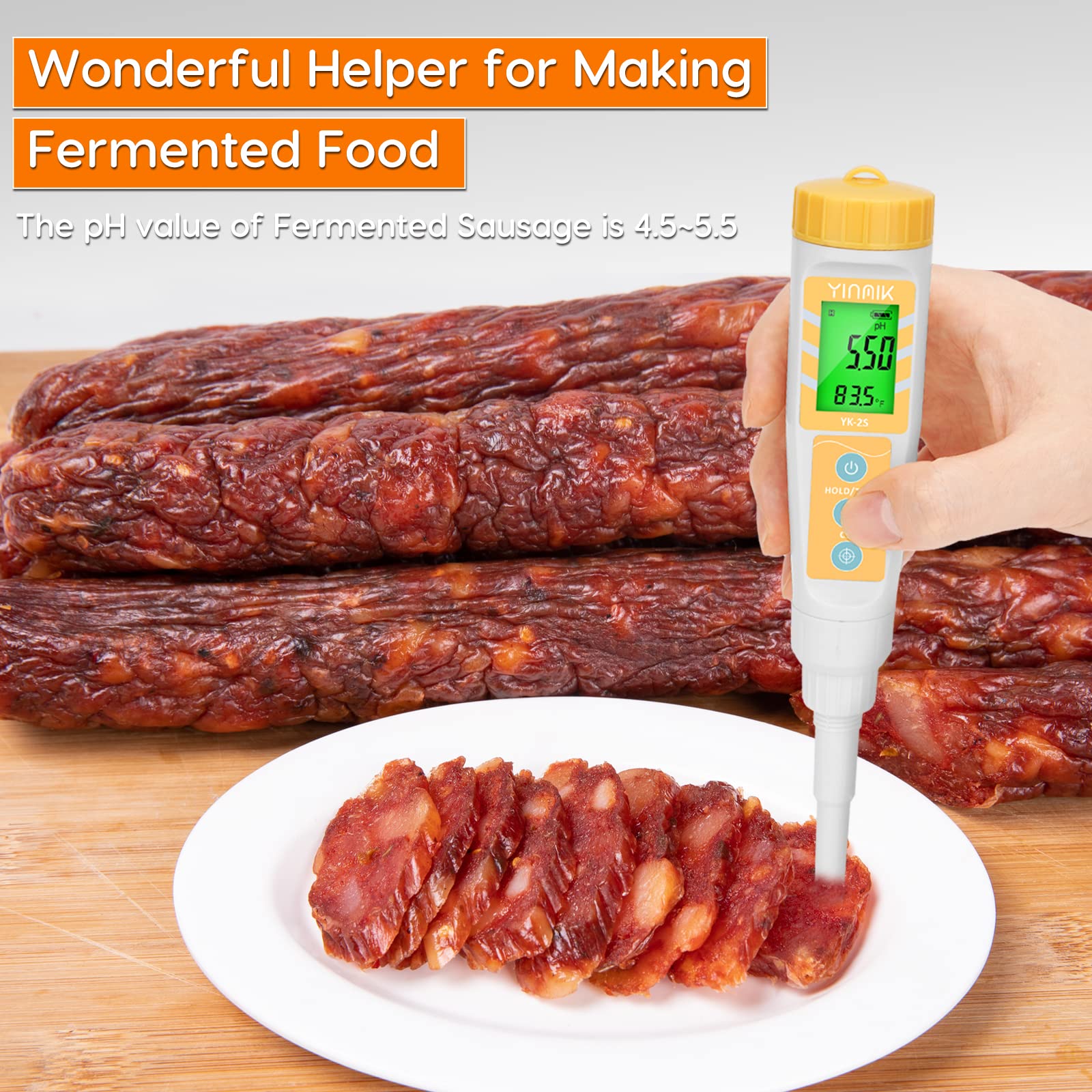 YINMIK Food pH Meter with Extra pH Replaceable Probe,Digital pH Tester for Sourdough and Bread,Food pH Tester for Meat,Canning,Cheese,Solid Samples, Soft Soil and Water…