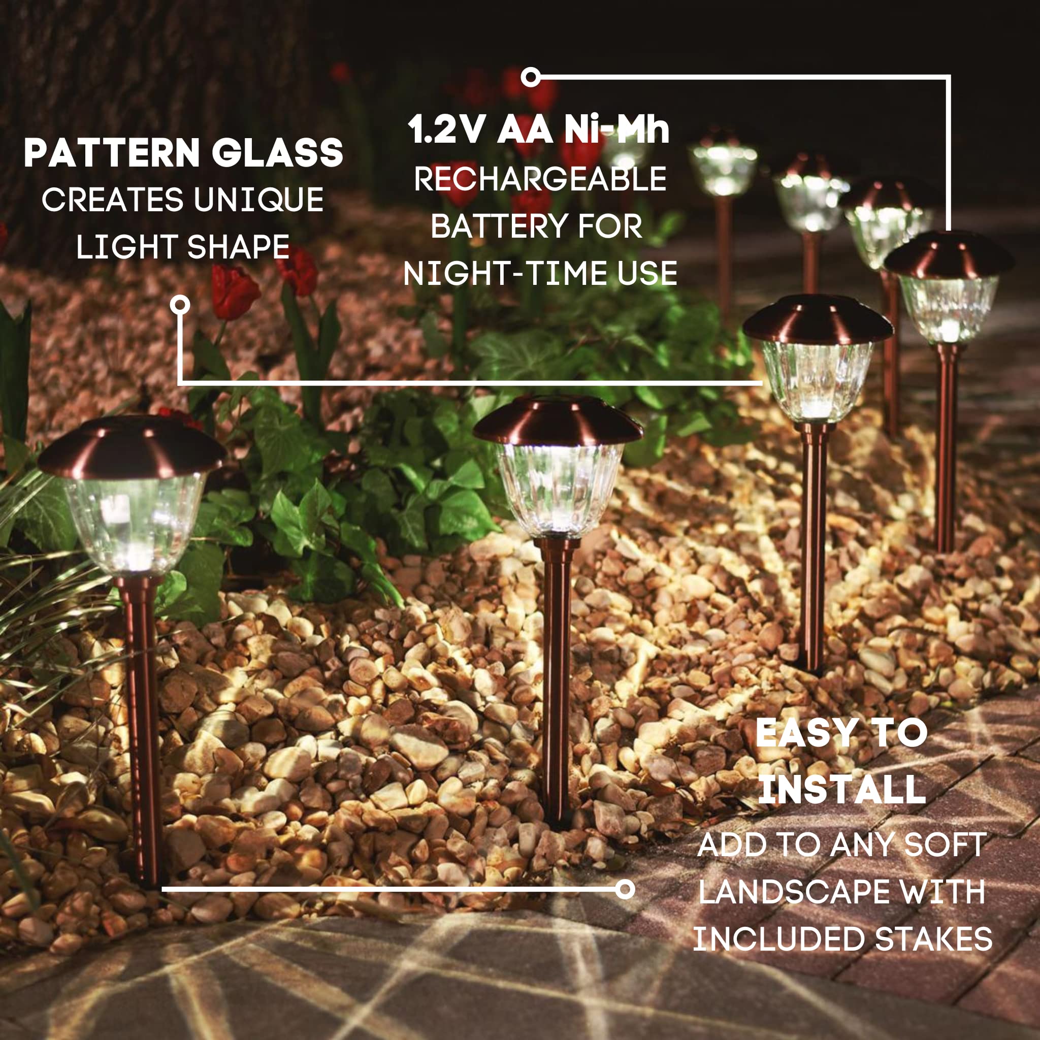 Energizer LED Solar Pathway Lights - 8 Pack of [Stainless Steel] Outdoor Solar Lights - IP65 Waterproof w/Auto On/Off - Patterned Glass and Metal Construction Coated in Stainless Steel