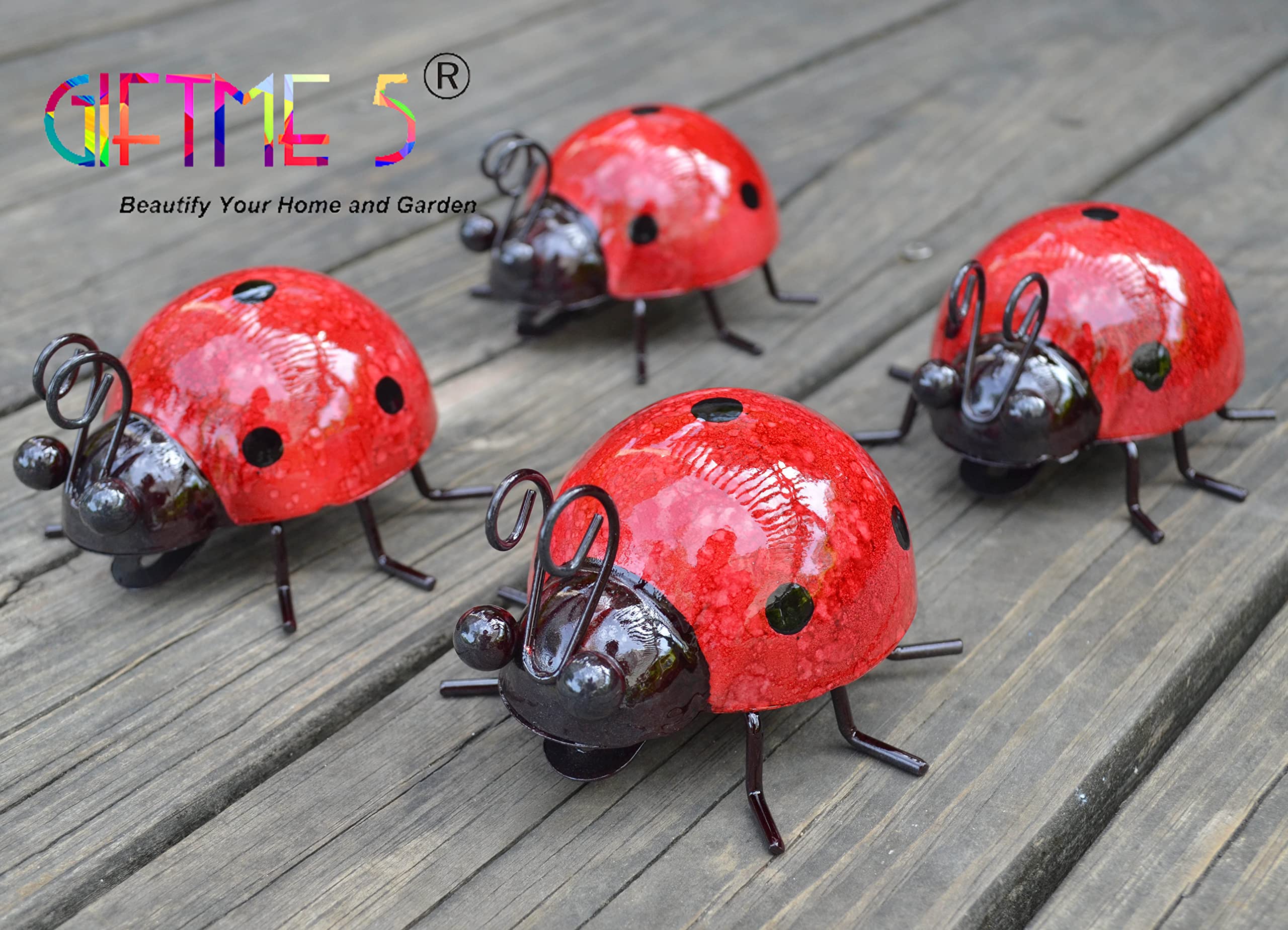 GIFTME 5 Metal Garden Yard Art Decorative 4 Pack Ladybugs Outside Garden Wall Sculptures(RED)