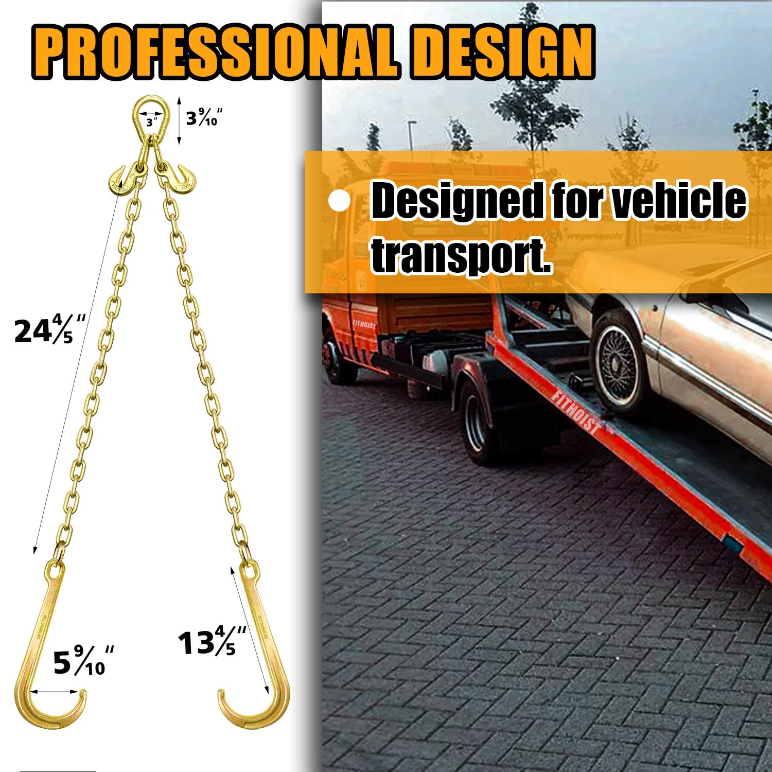 FITHOIST Grade 80 Chain V-Bridle | 5/16In x 2Ft Towing Chain Bridle with J Hooks and Grab Hooks | Bridle Transport Chain with 4,900LBS Safe Working Load | for Flatbed Truck Rollback Wrecker Carrier